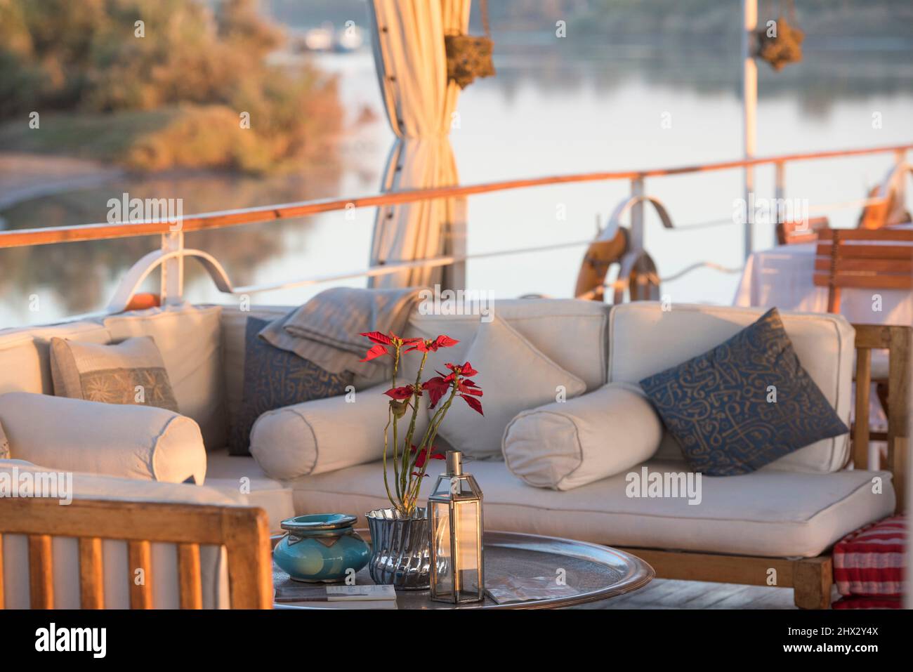 lounge on the deck of a Dahabeah,passenger river boat of the Lazuli ...