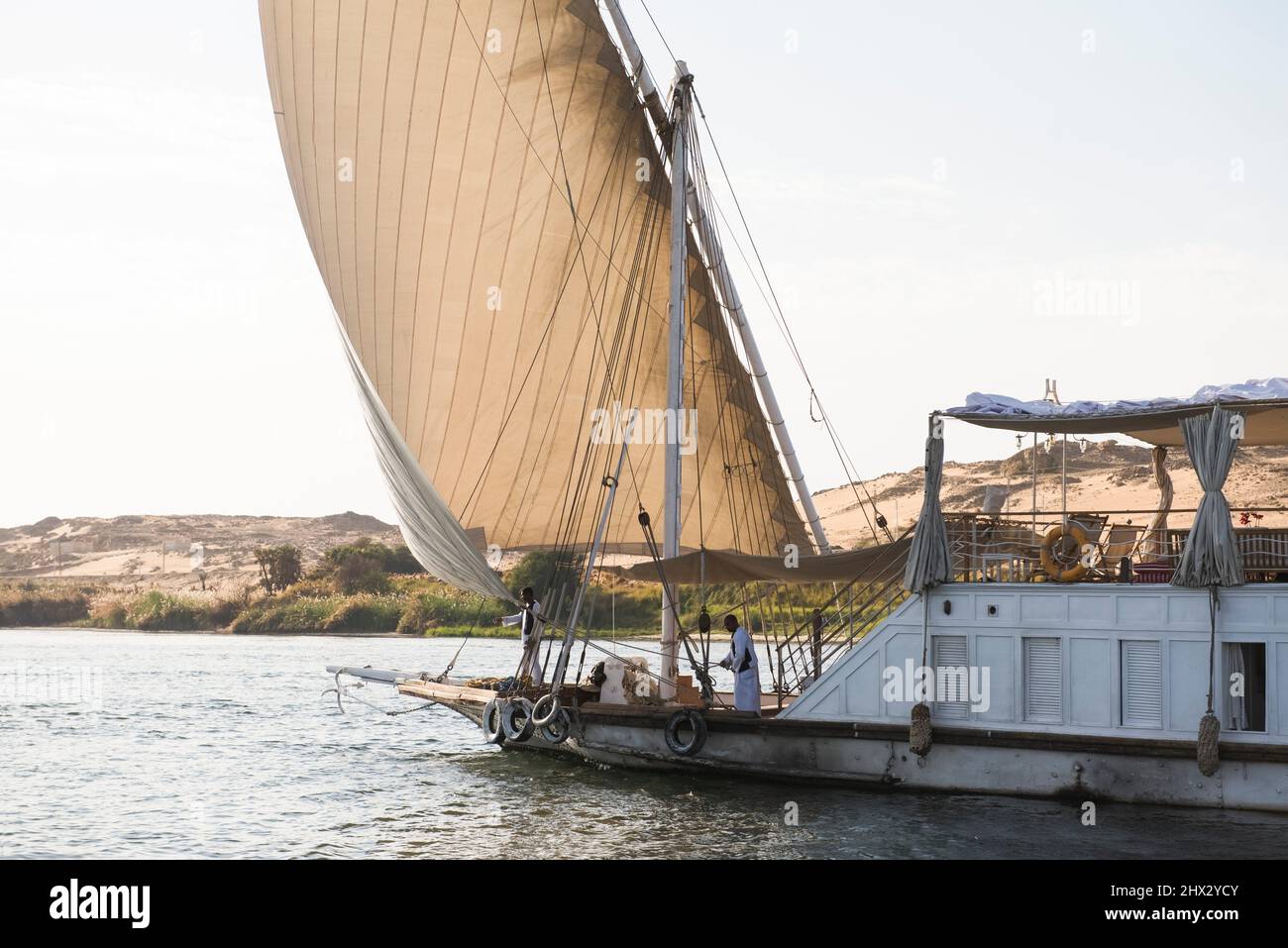 Dahabeah under sail, passenger river boat of the Lazuli fleet, sailing ...