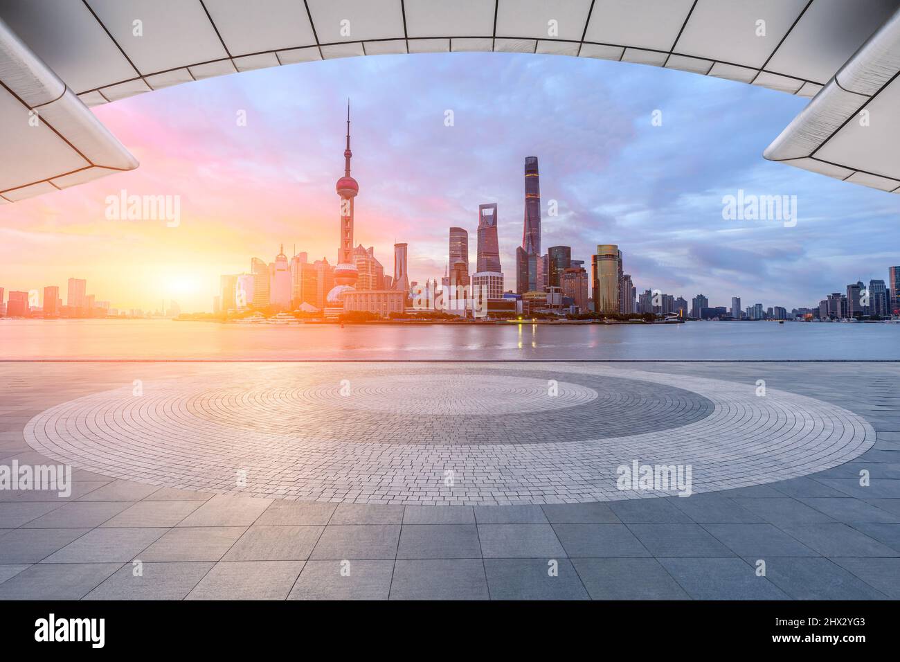 Empty square floor and city skyline with modern commercial buildings at ...