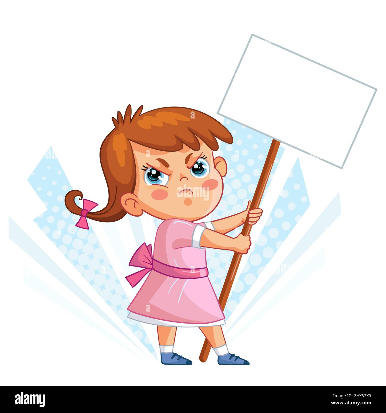 Little cute cartoon angry girl in pink dress with an empty banner ...