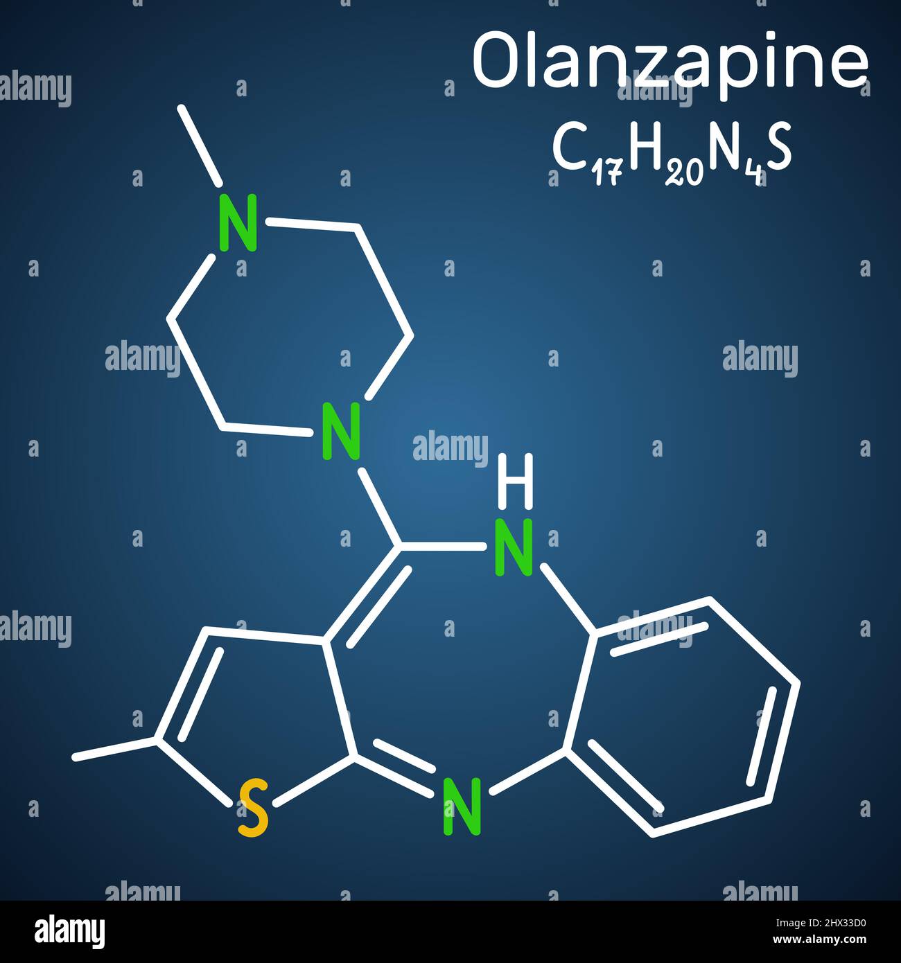 Olanzapine molecule. It is atypical antipsychotic drug for the ...