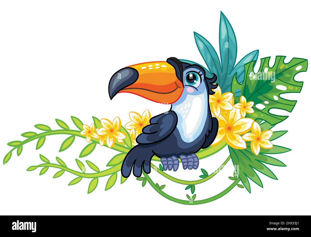 Cute toucan character with tropical plants and flowers. Funny animal in ...