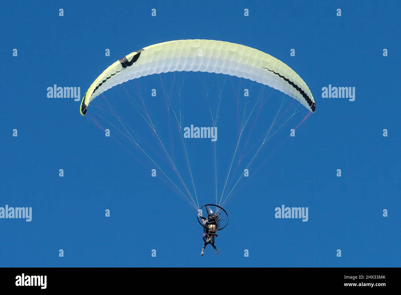 A powered paraglider in the air in winter over South Padre Island ...