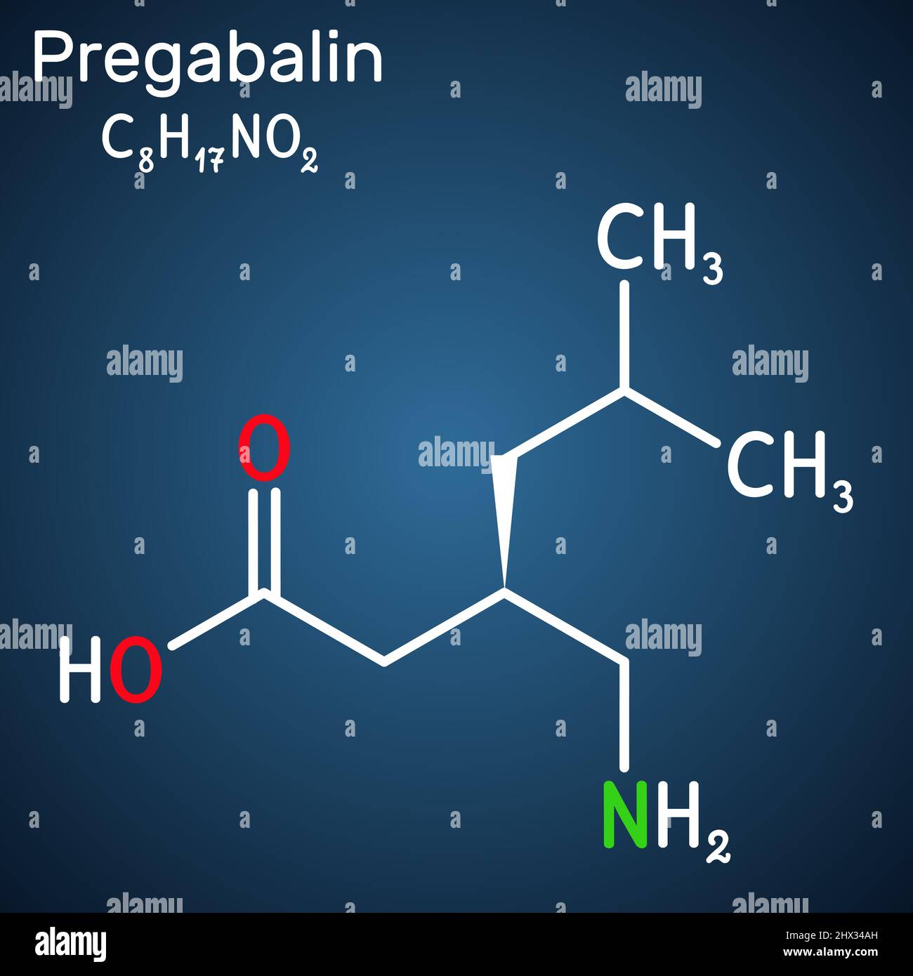 Pregabalin molecule. It is anticonvulsant, anxiolytic drug used to ...
