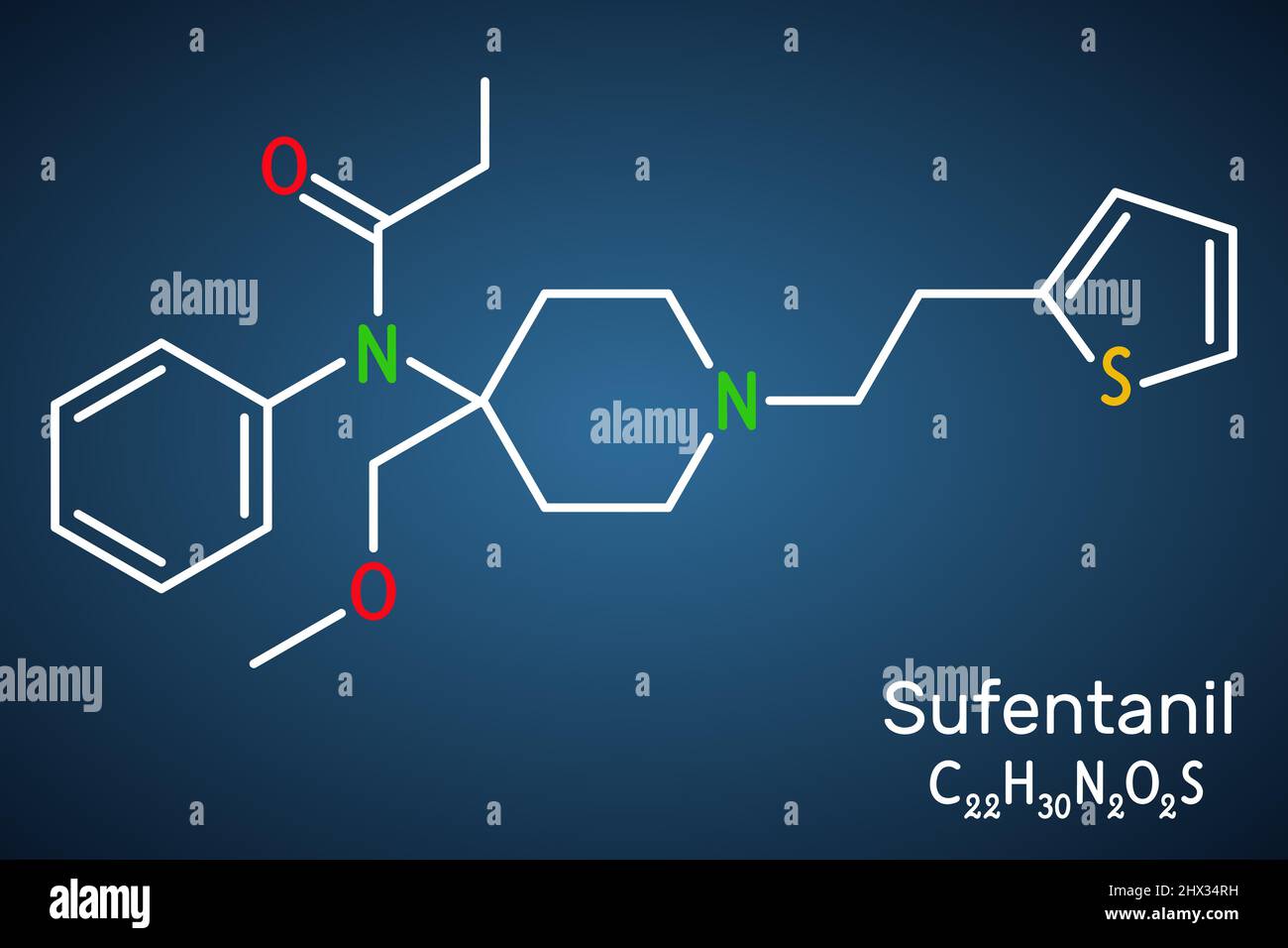 Sufentanil molecule. It is opioid analgesic, anesthetic agent, used to ...