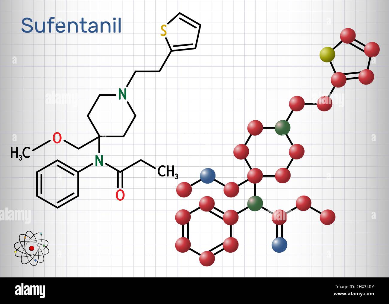 Sufentanil molecule. It is opioid analgesic, anesthetic agent, used to ...