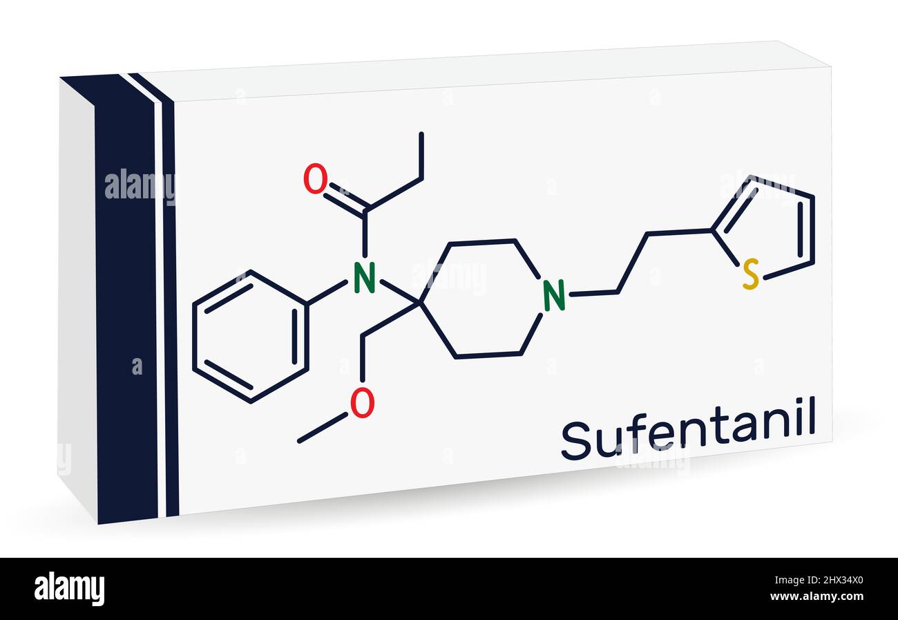 Sufentanil molecule. It is opioid analgesic, anesthetic agent, used to ...