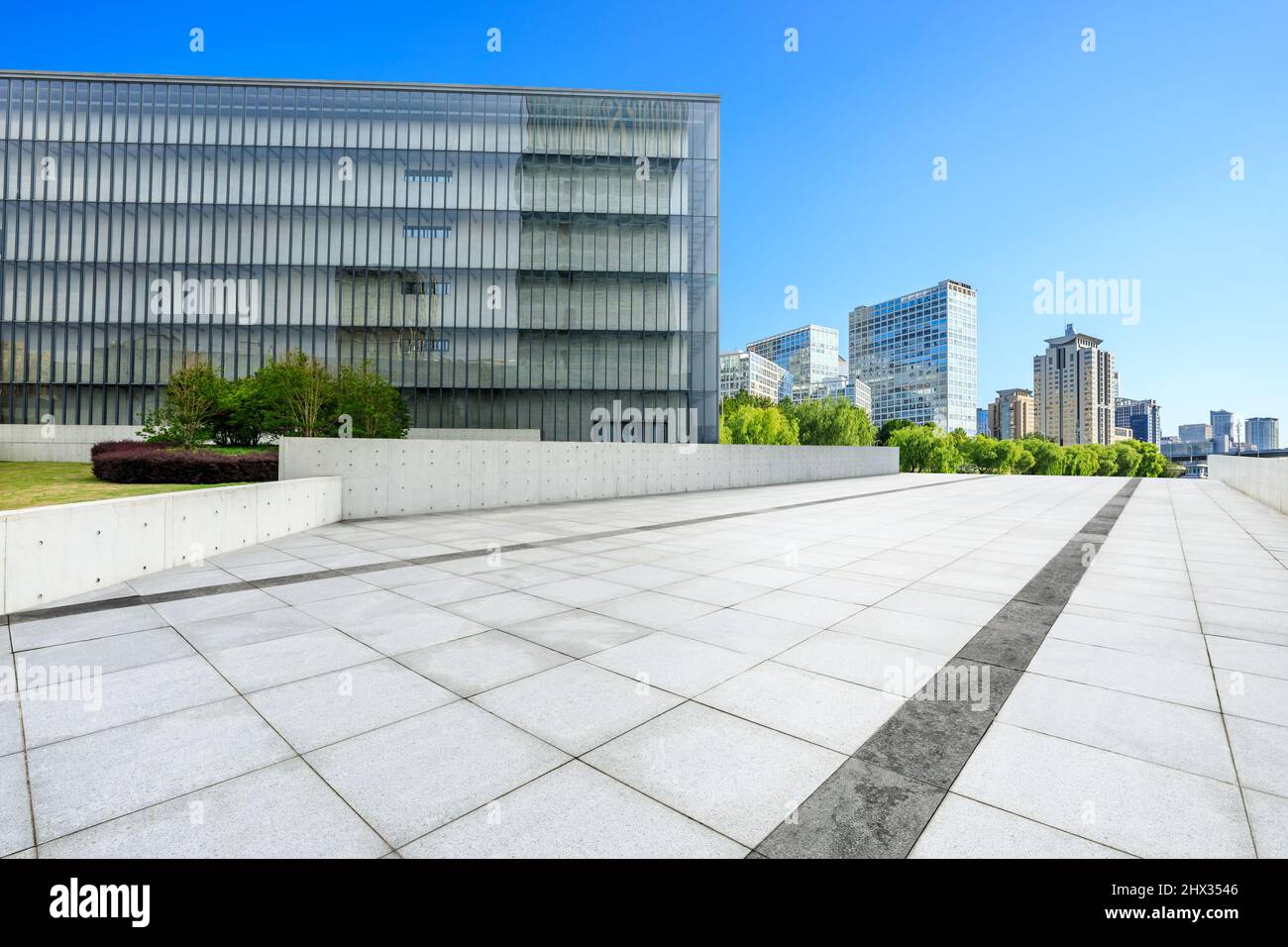 Empty square floor and modern city commercial buildings in Shanghai ...