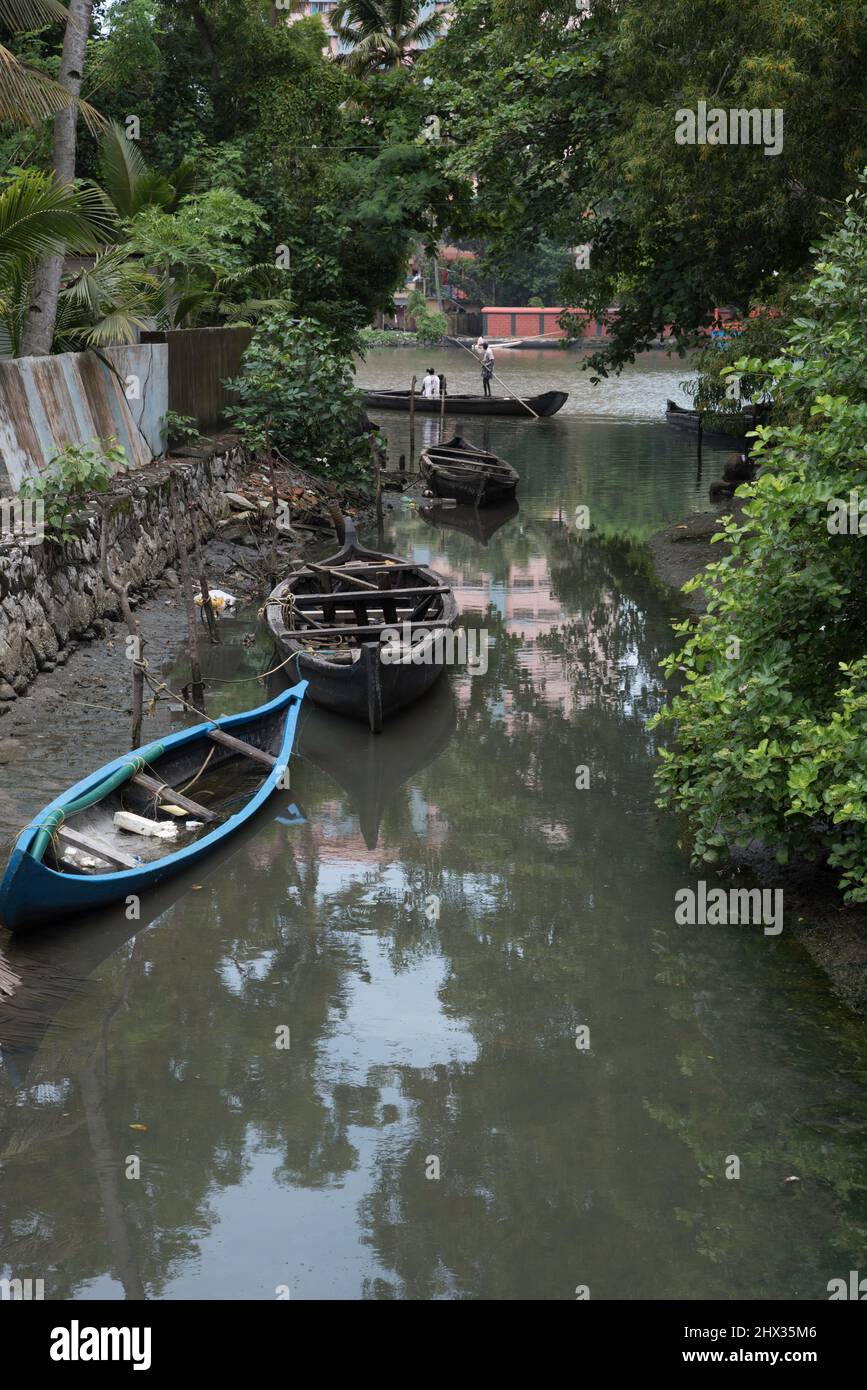 Primitive wooden transport boat in the Backwaters of Kerala, India ...