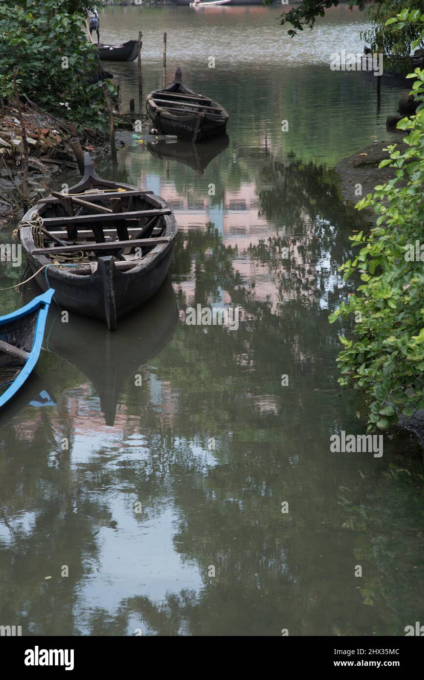 Primitive wooden transport boat in the Backwaters of Kerala, India ...
