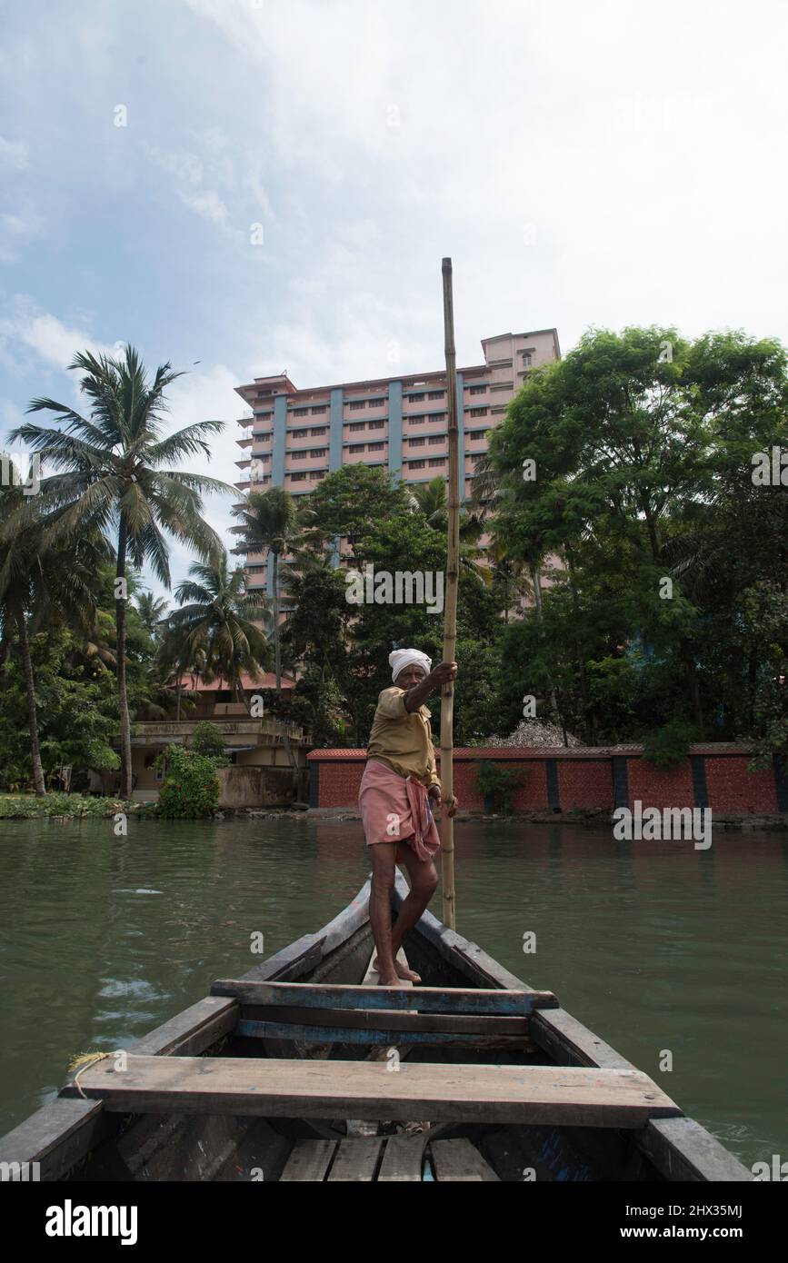 Primitive wooden transport boat in the Backwaters of Kerala, India ...