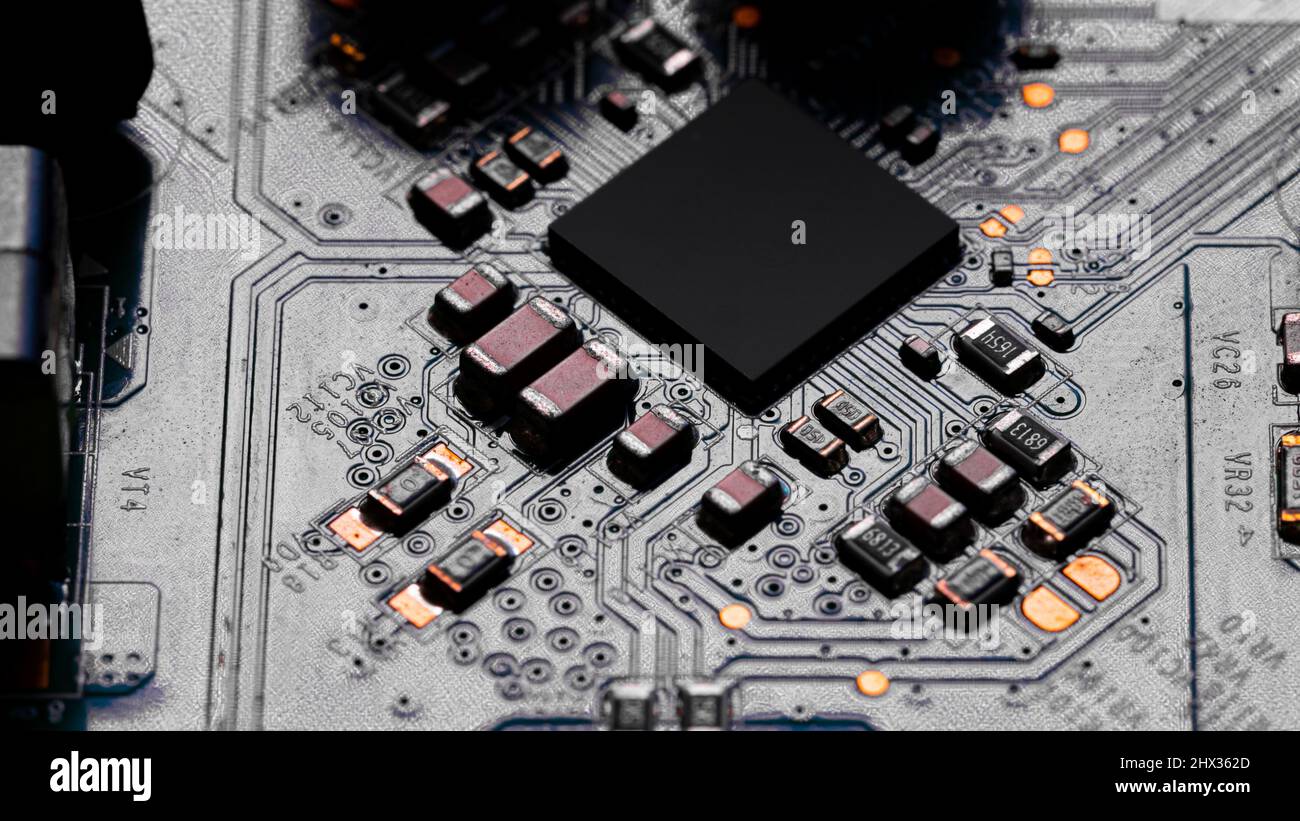 Macro Close up of components and microchips on PC circuit board Stock ...