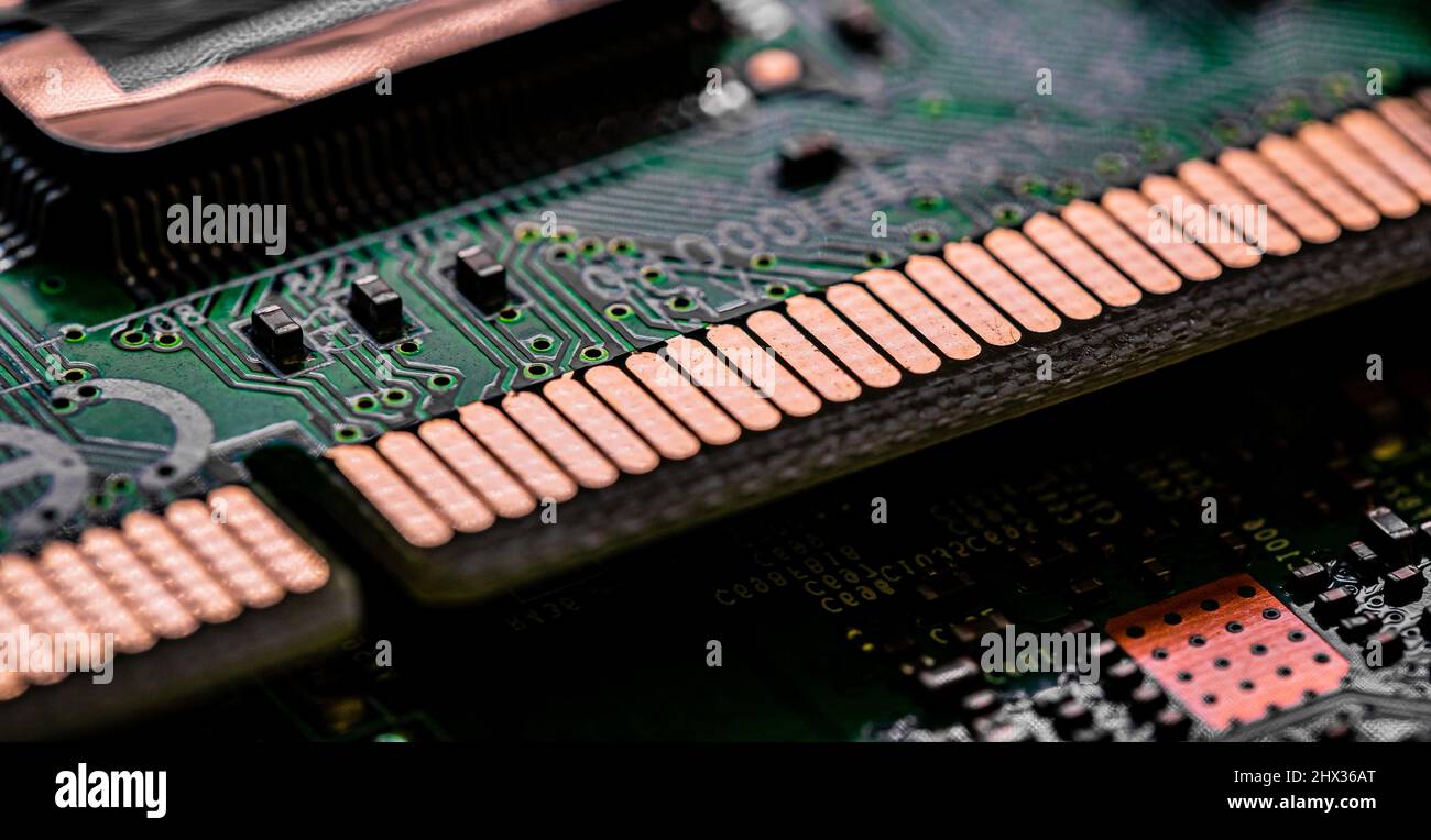 Macro Close up of components and microchips on PC circuit board Stock ...
