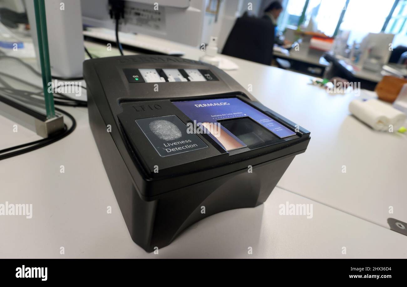Augsburg, Germany. 09th Mar, 2022. A fingerprint scanner is located at ...