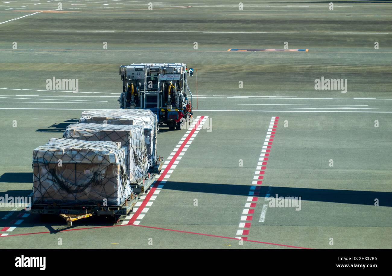 Cargo loaders sit idle on empty tarmac Stock Photo - Alamy