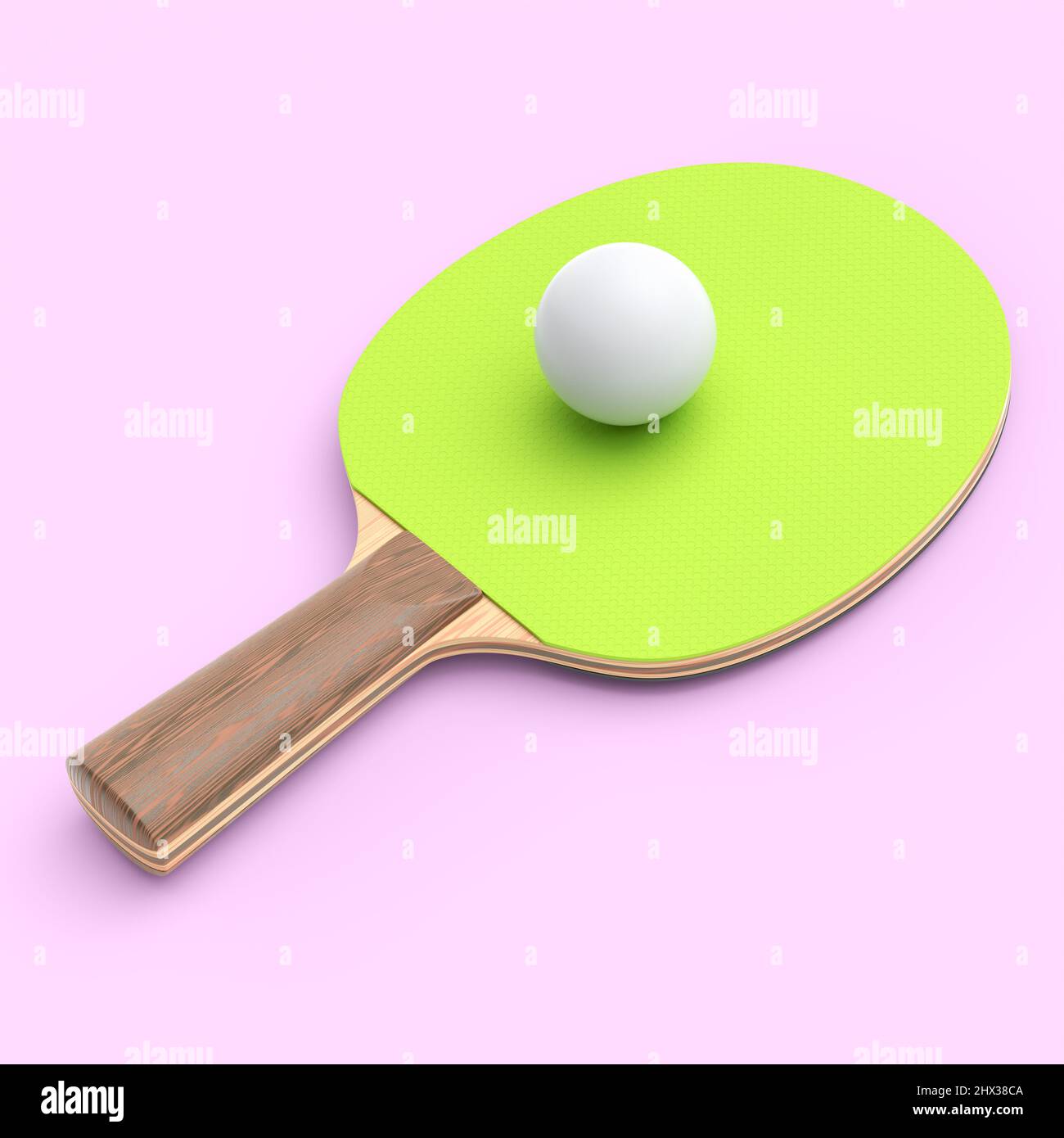 Green ping pong racket for table tennis with ball isolated on pink ...
