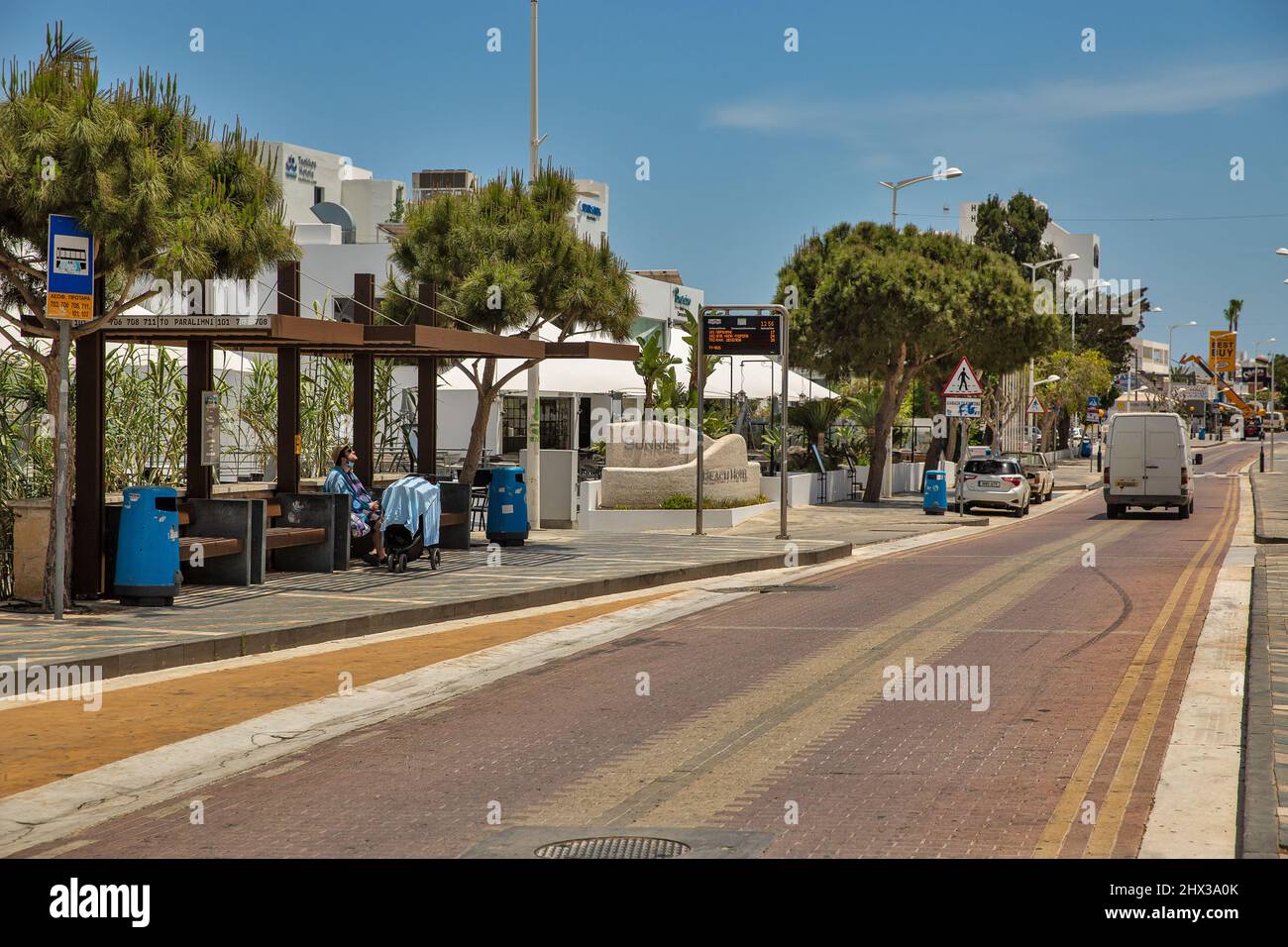 Protaras, Cyprus - May 25, 2021: Bus stop on Protara street. Protaras ...