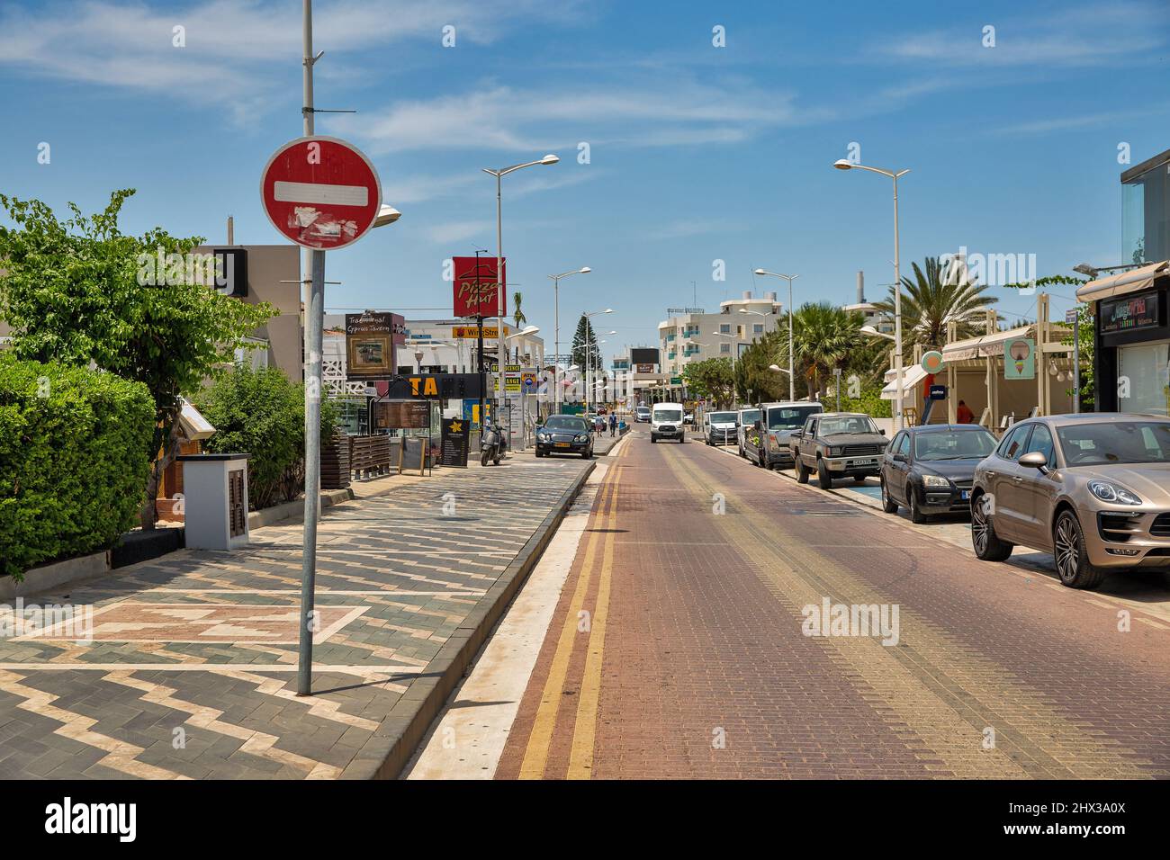 Protaras, Cyprus - May 25, 2021: Bus stop on Protara street. Protaras ...