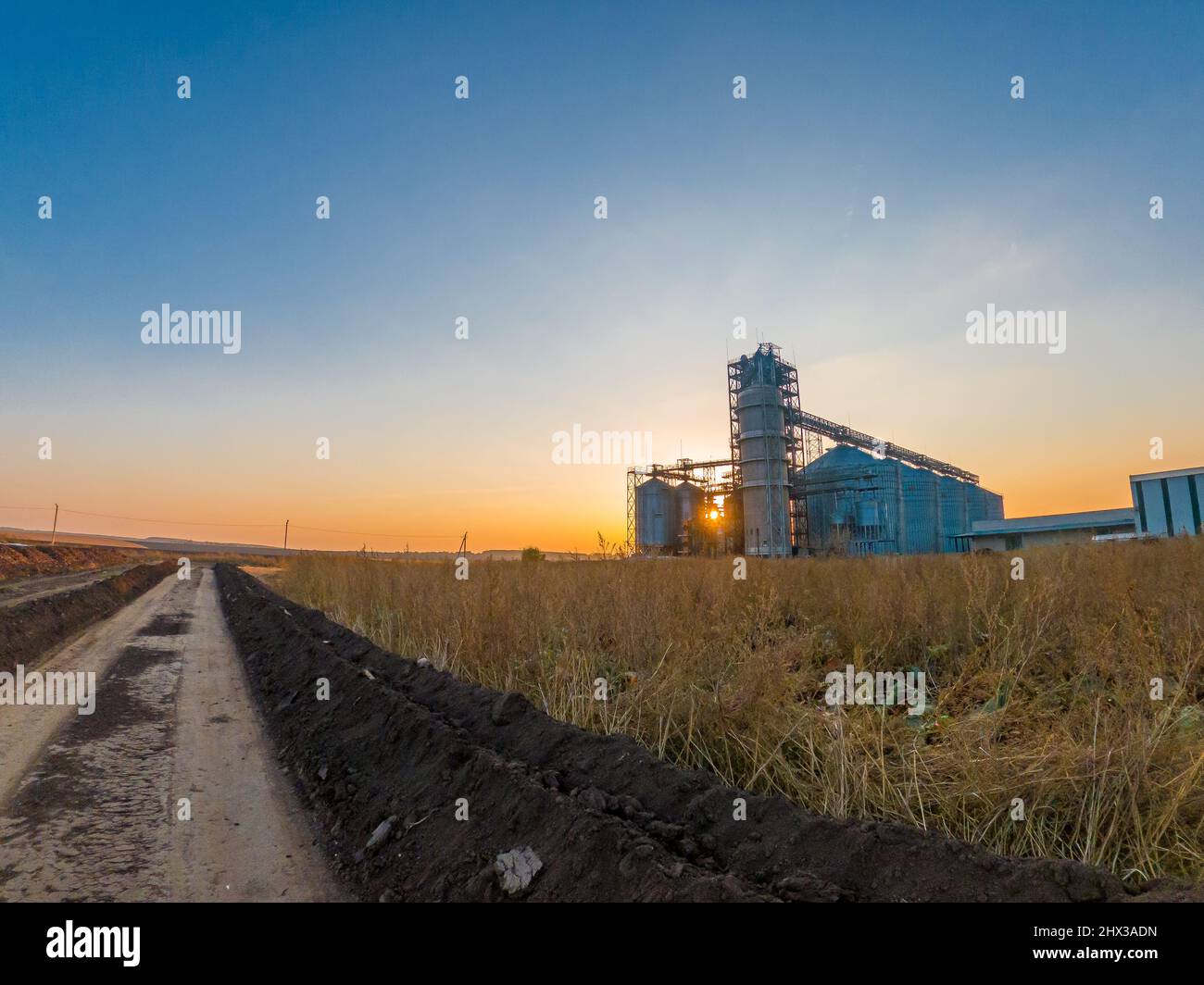 Agricultural landscape. Grain storage station, shiny metal grain tanks ...