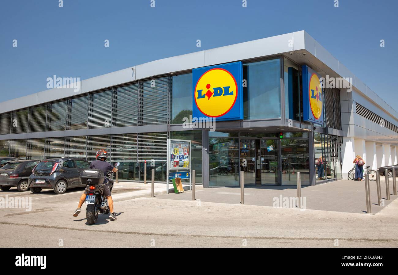 Corfu, Greece - July 31, 2021: People visit Lidl supermarket with ...