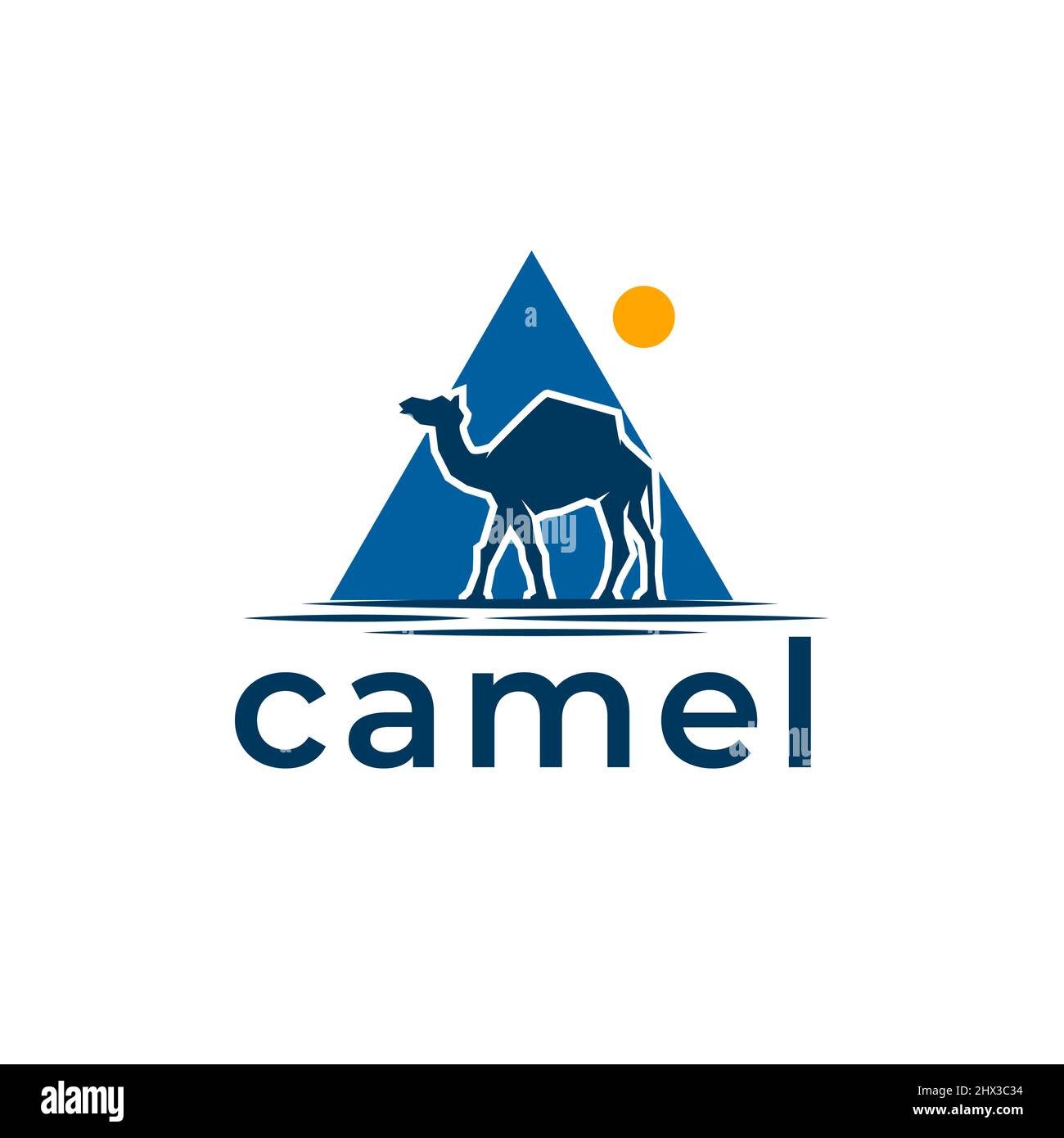 Camels in the desert passing through the pyramids logo illustration ...