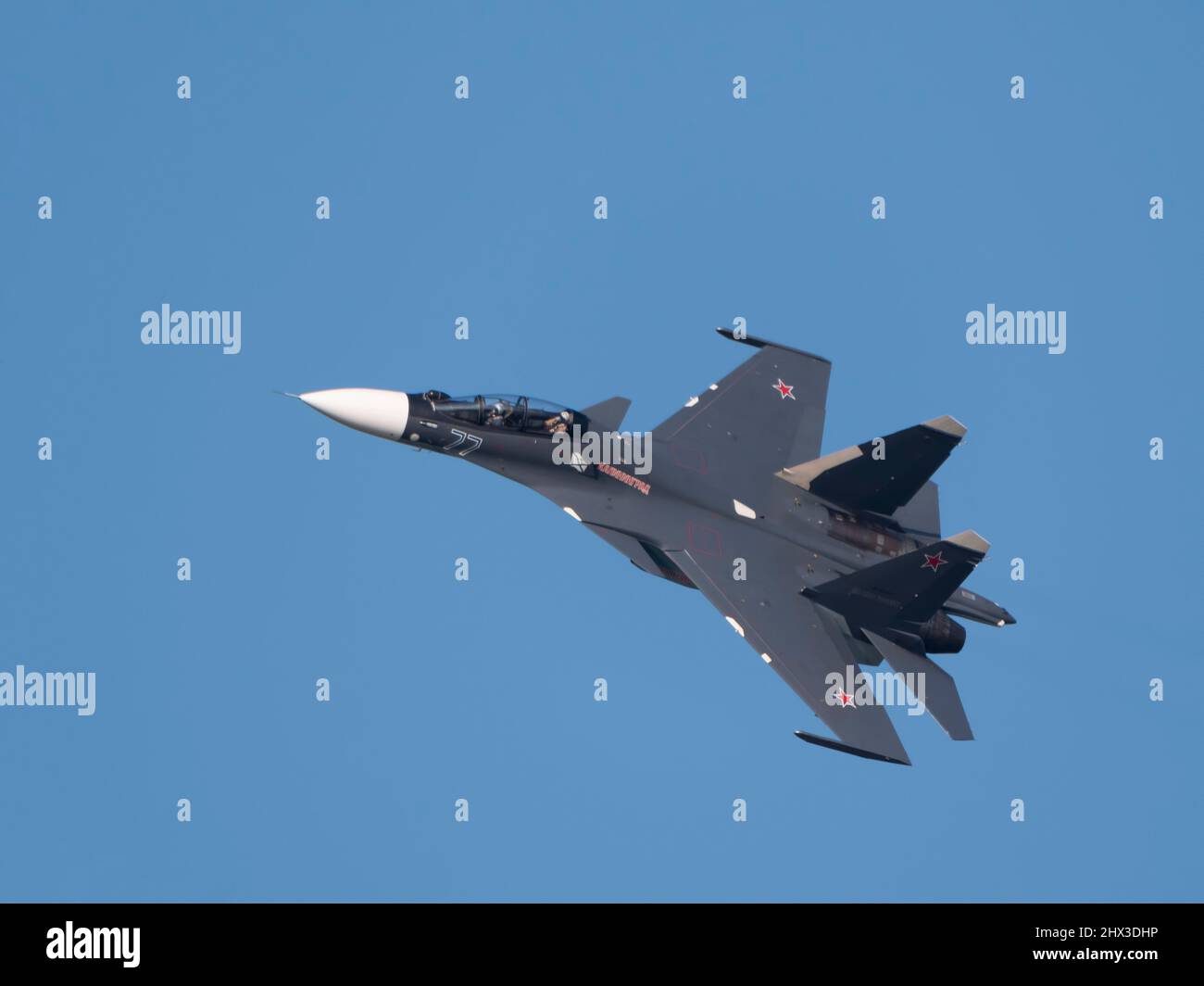 Moscow Russia Zhukovsky Airfield 25 July 2021: aerobatic Su-30 perfoming demonstration flight of ...