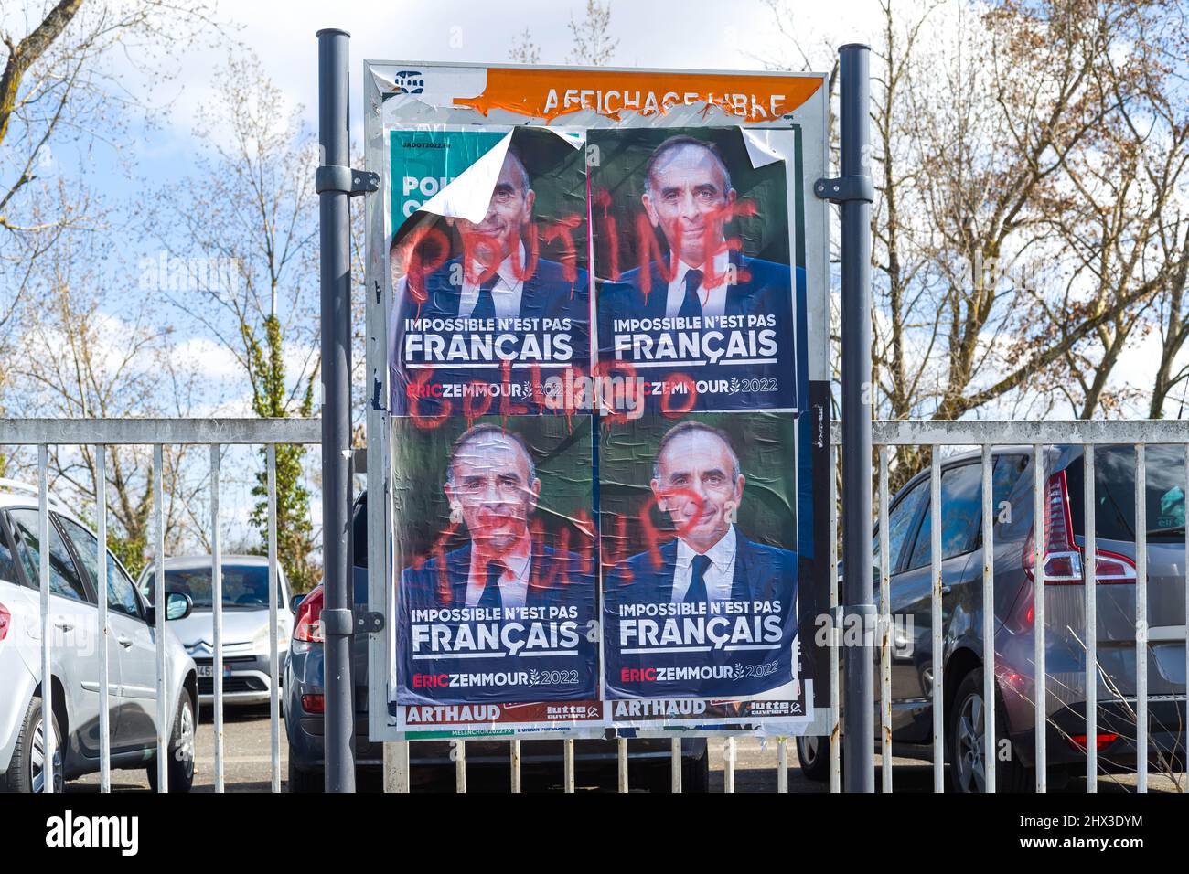 France, Montauban, 2022-03-09. Poster of Eric Zemmour, Tagged Poutine ...