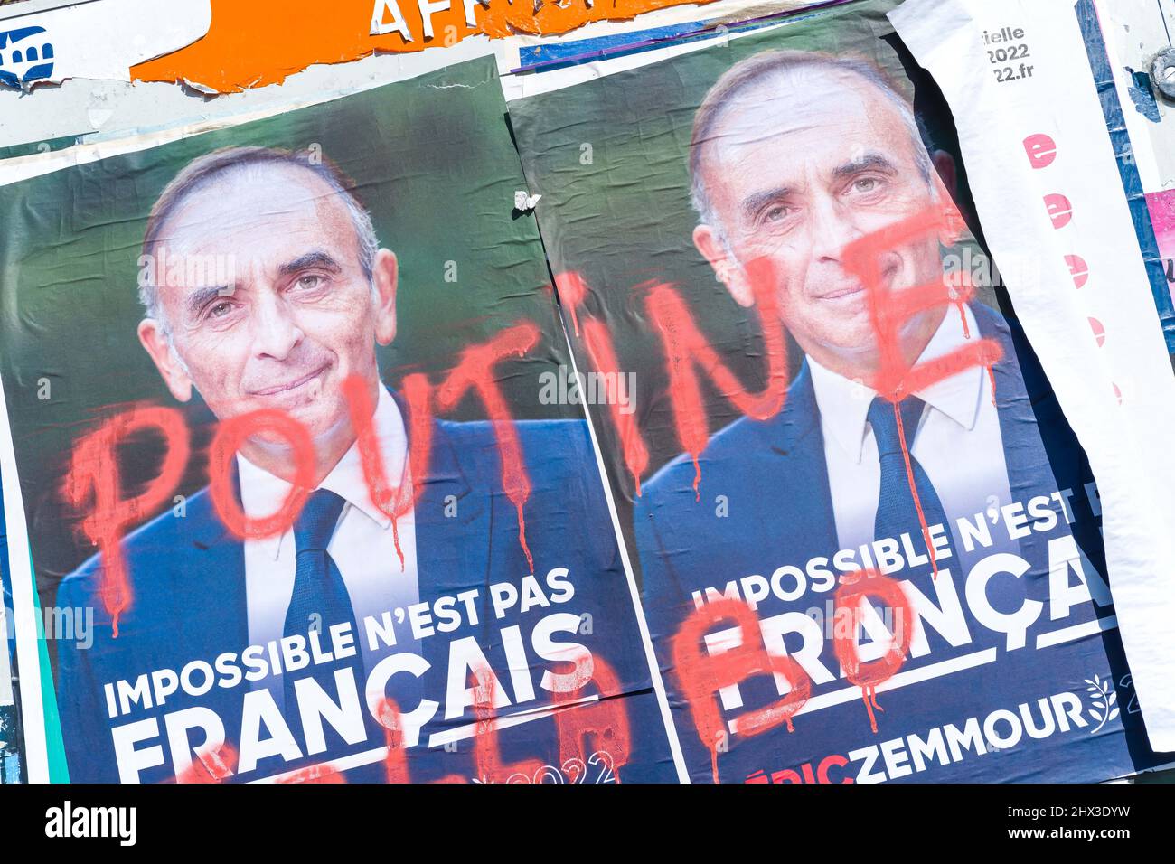 France, Montauban, 2022-03-09. Poster of Eric Zemmour, Tagged Poutine ...