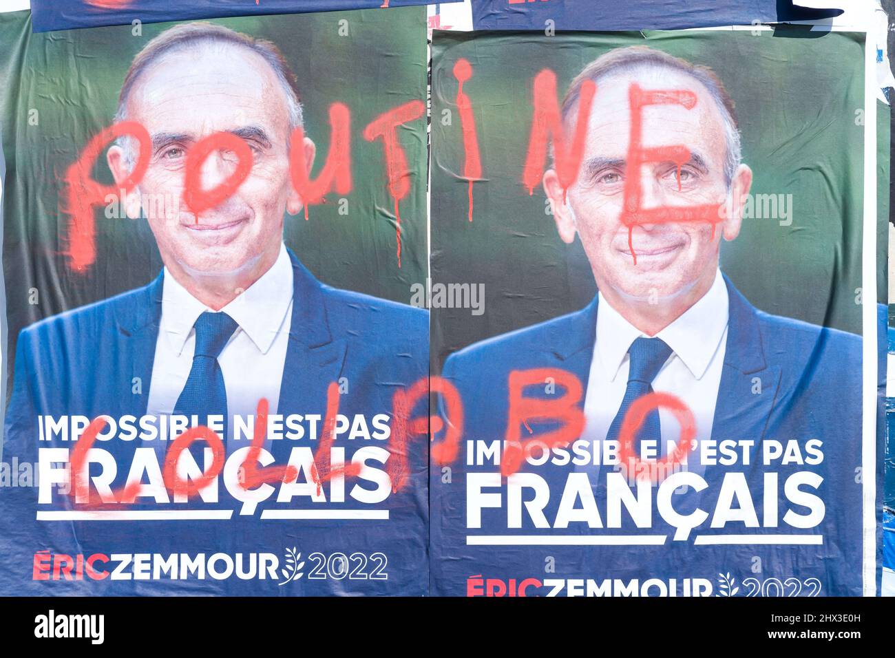 France, Montauban, 2022-03-09. Poster of Eric Zemmour, Tagged Poutine ...