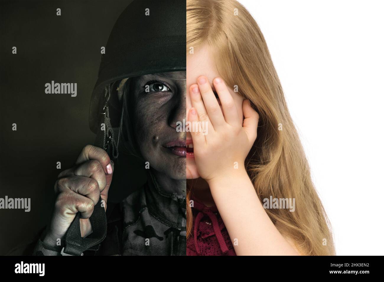 Collage. Half-faced portraits of young woman in military uniform and ...