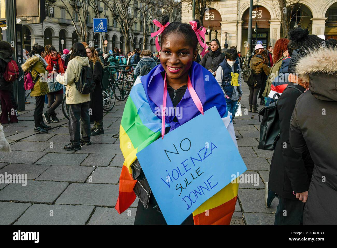 Torino, Italy. 08th Mar, 2022. A demonstrator seen draped with the ...
