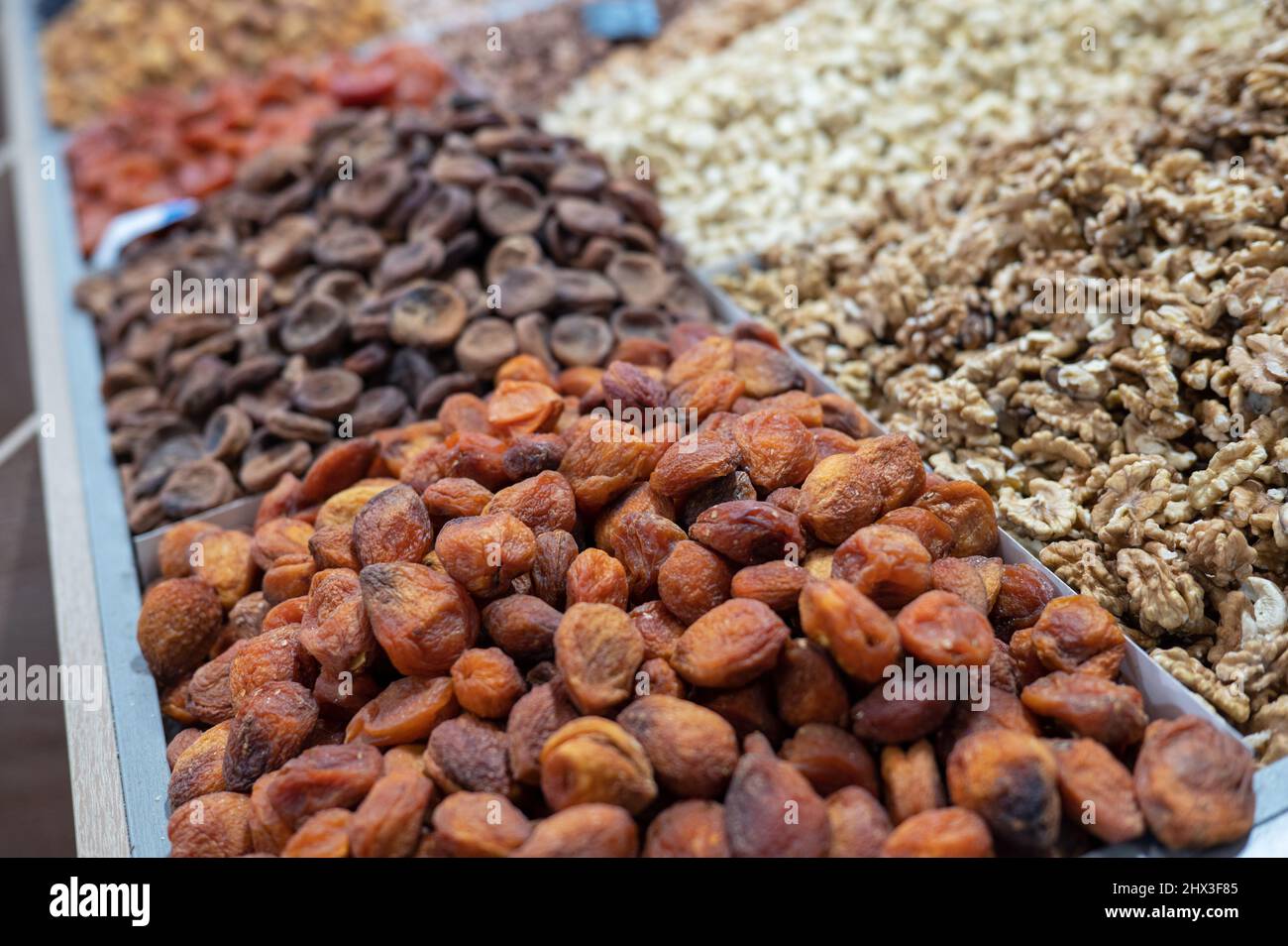 Dried fruits and nuts on local food market Stock Photo - Alamy