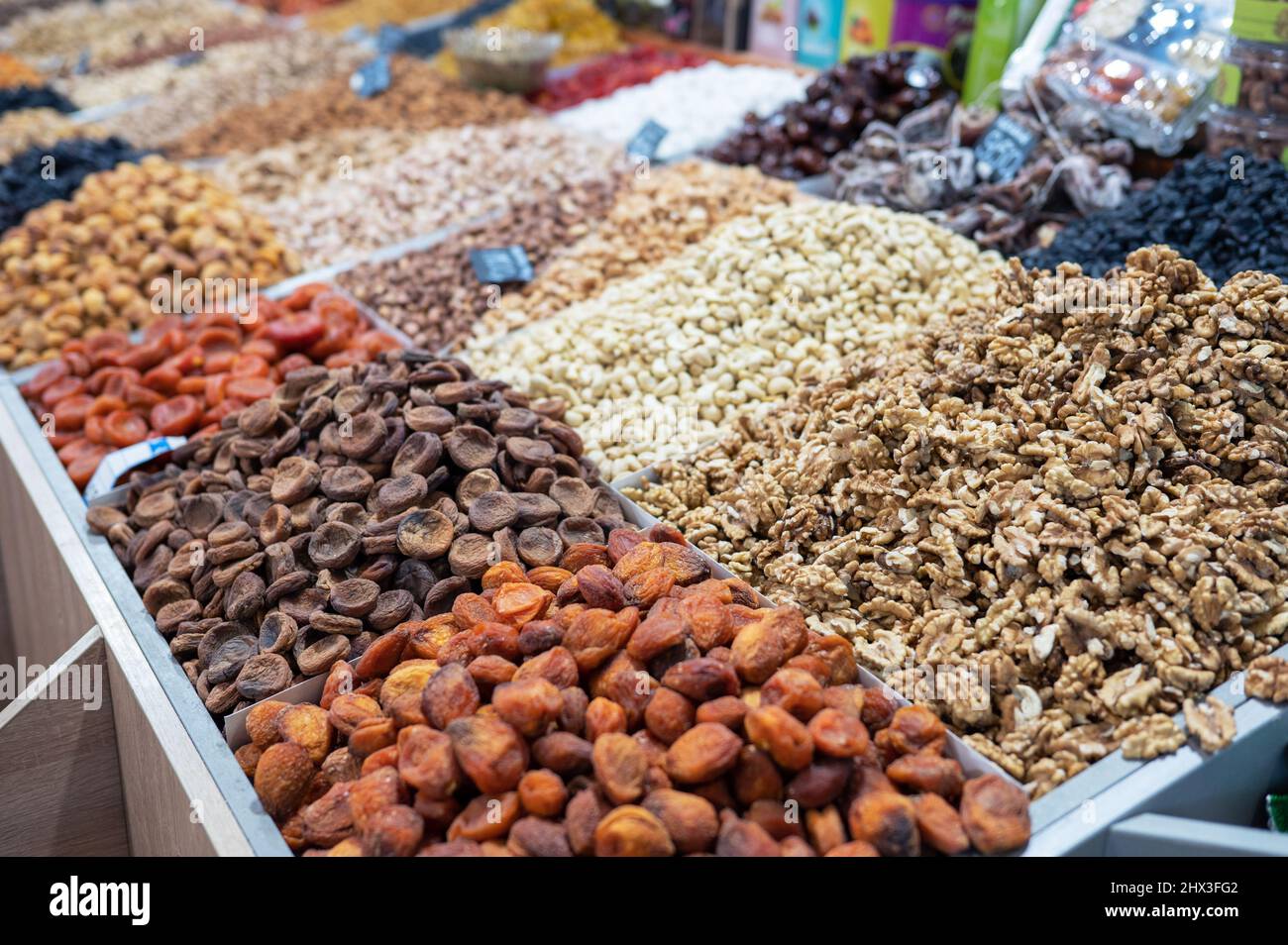 Dried fruits and nuts on local food market Stock Photo - Alamy