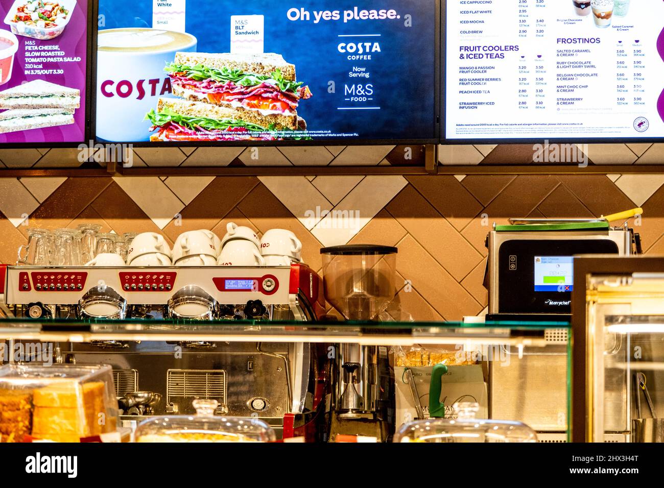 Epsom Surrey London UK, March 9 2022, Costa Coffee Shop Serving Counter ...