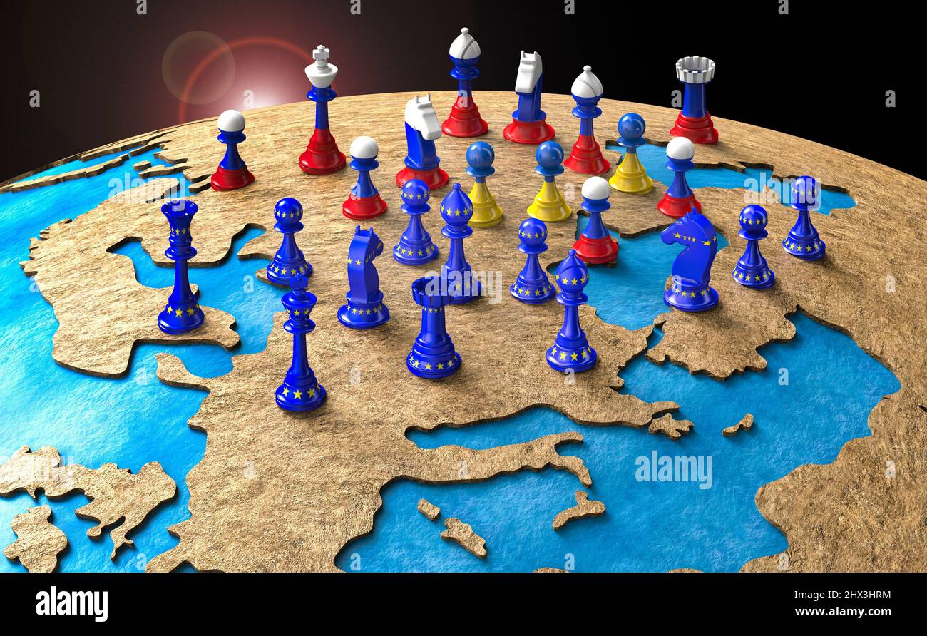 symbol of war and geopolitics in the world with chess pieces. Russia vs ...