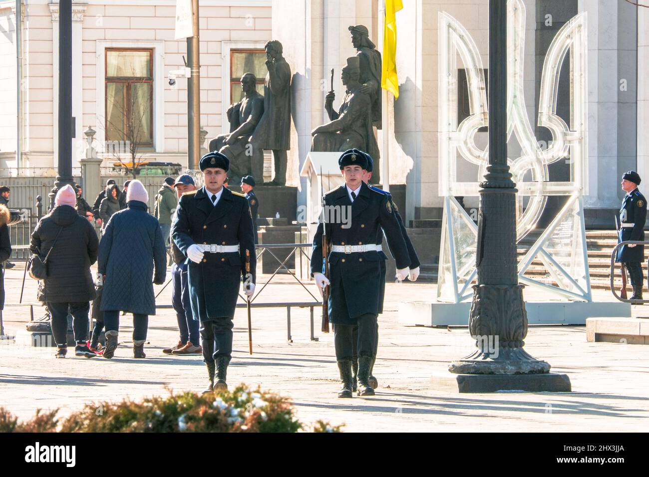 Kiev, Ukraine - February 13, 2022: Guard of honor near the Mariinsky ...