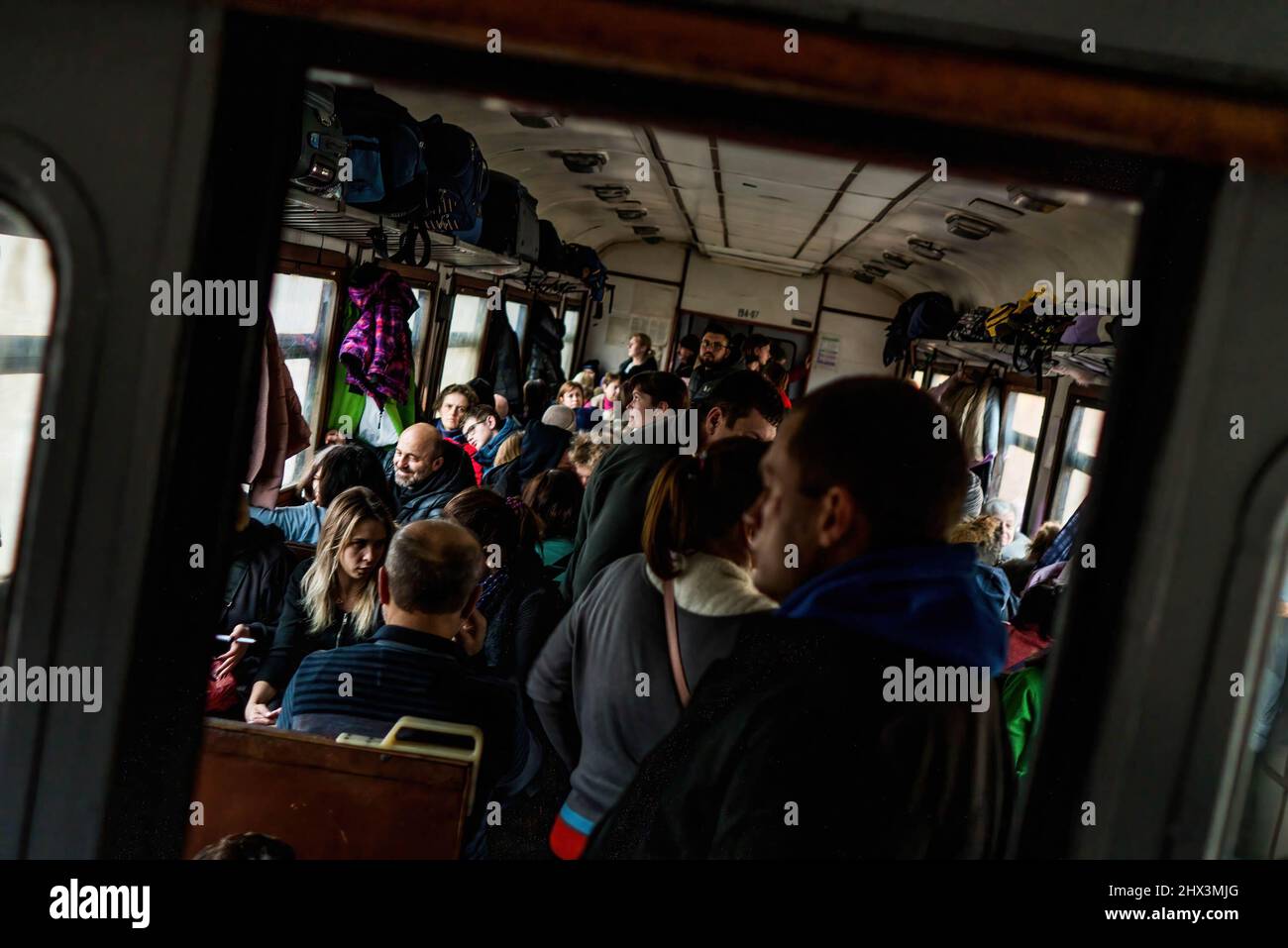 Ukraine. 7th Mar, 2022. Refugee families on the train from Kiev to Lviv ...