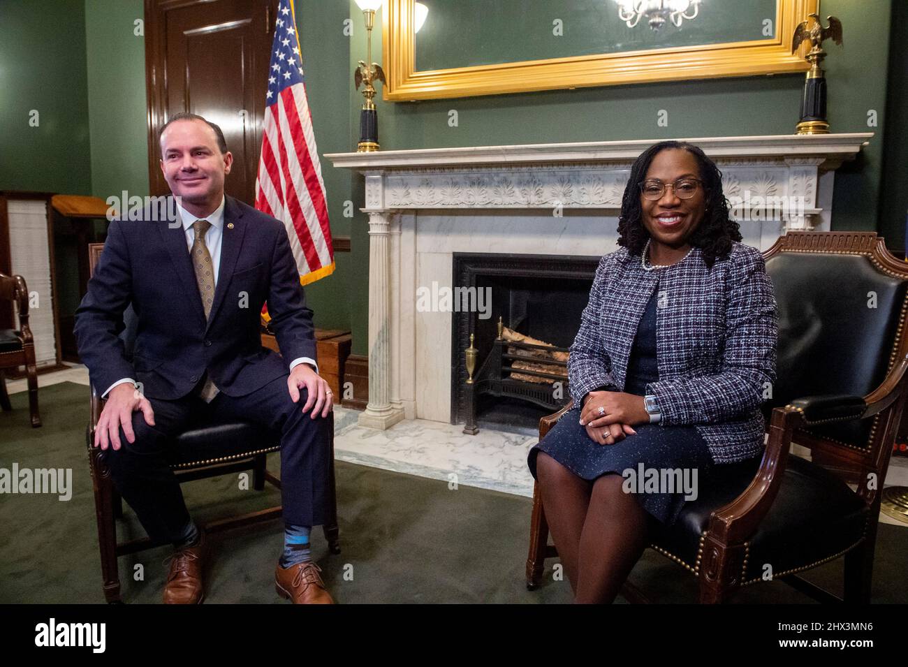 United States Senator Mike Lee (Republican of Utah), left, meets with ...