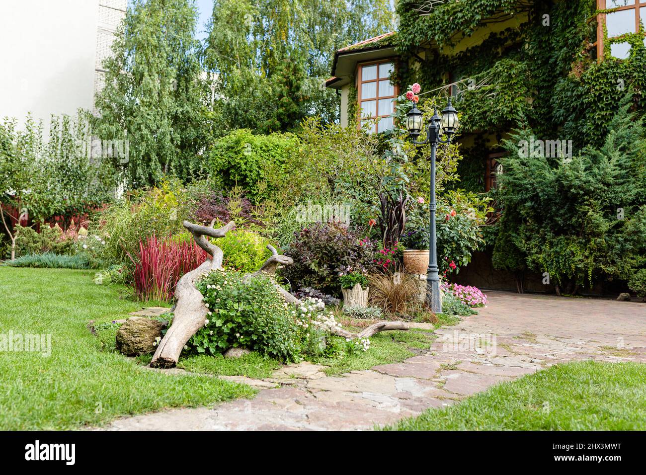 Tall country house overgrown with greenery. Eco housing. Beautiful ...