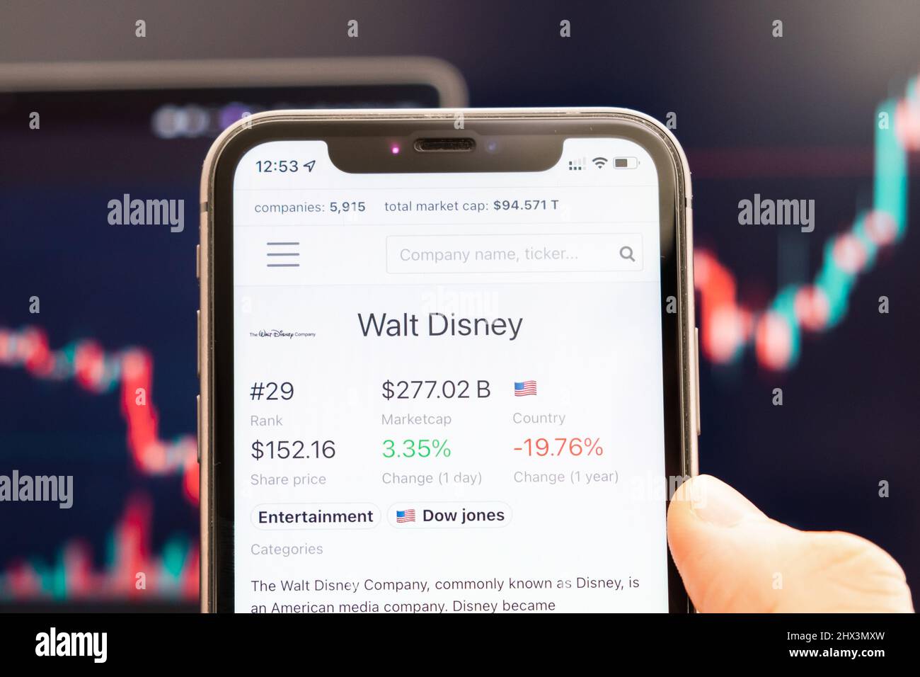 Walt Disney stock price on the screen of mobile phone in mans hand with ...