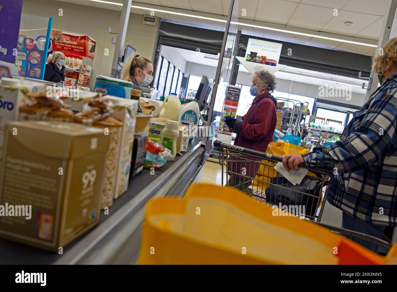 Cost of living food groceries on checkout counter Co Op supermarket ...