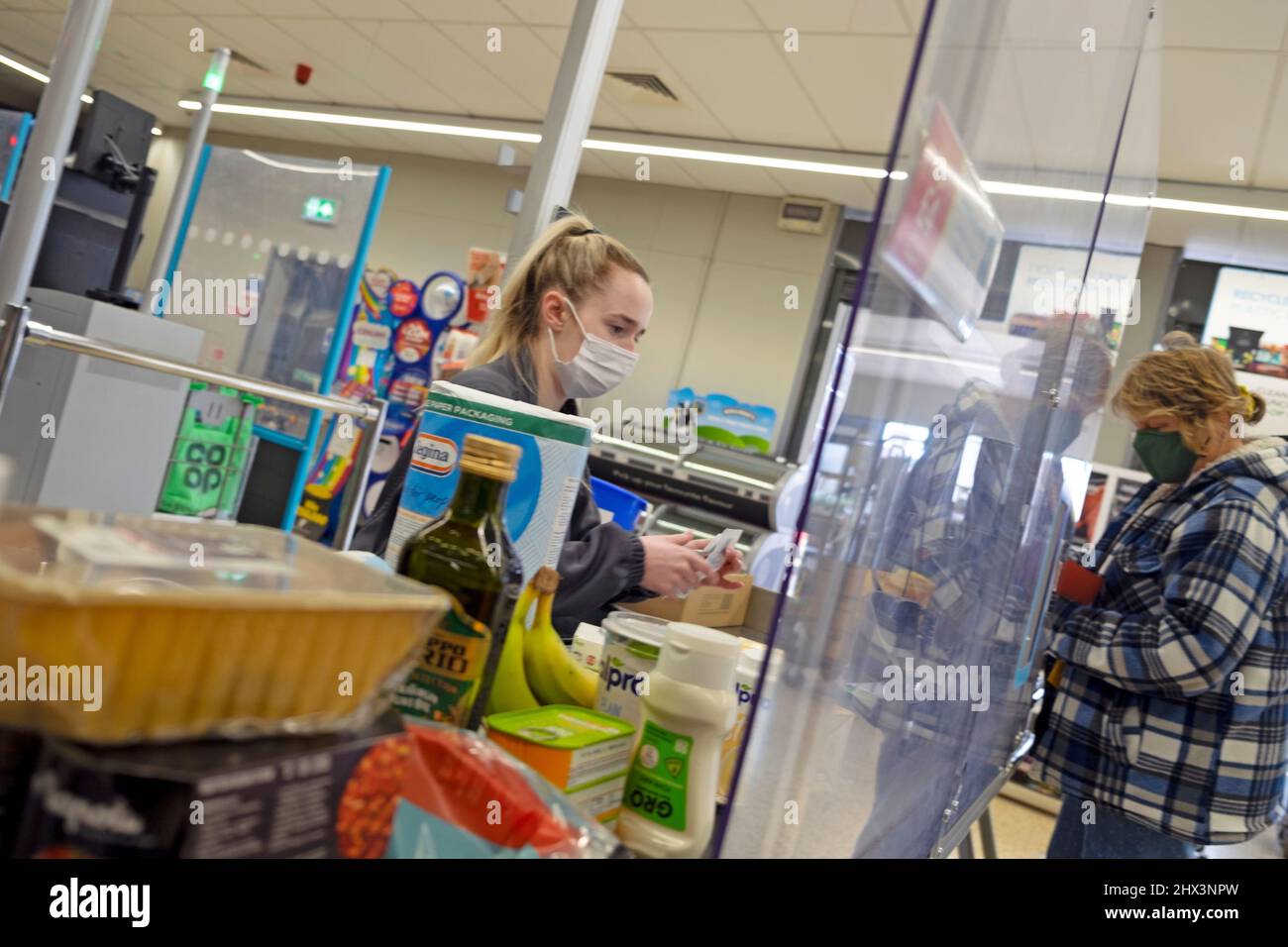 Cost of living food groceries on checkout counter Co Op supermarket ...