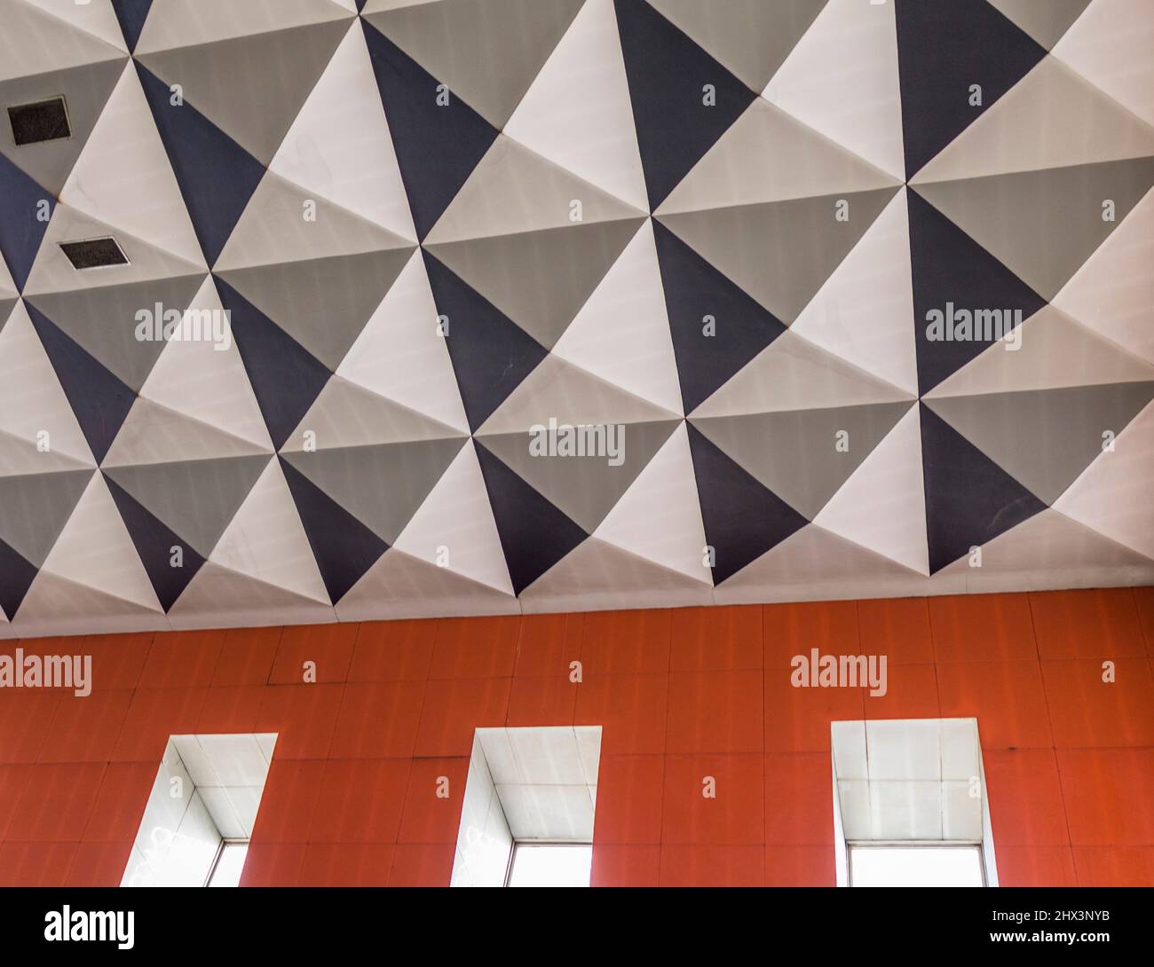 The spectacular pyramid like,geometric ceiling inside the Castlegate ...