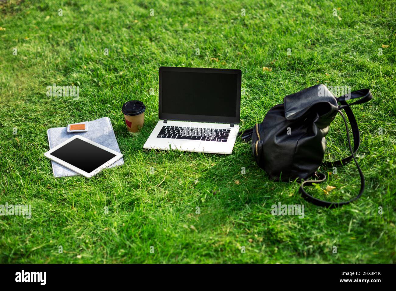 Laptop computer on green grass with coffee cup, bag and tablet in outdoor park Stock Photo - Alamy