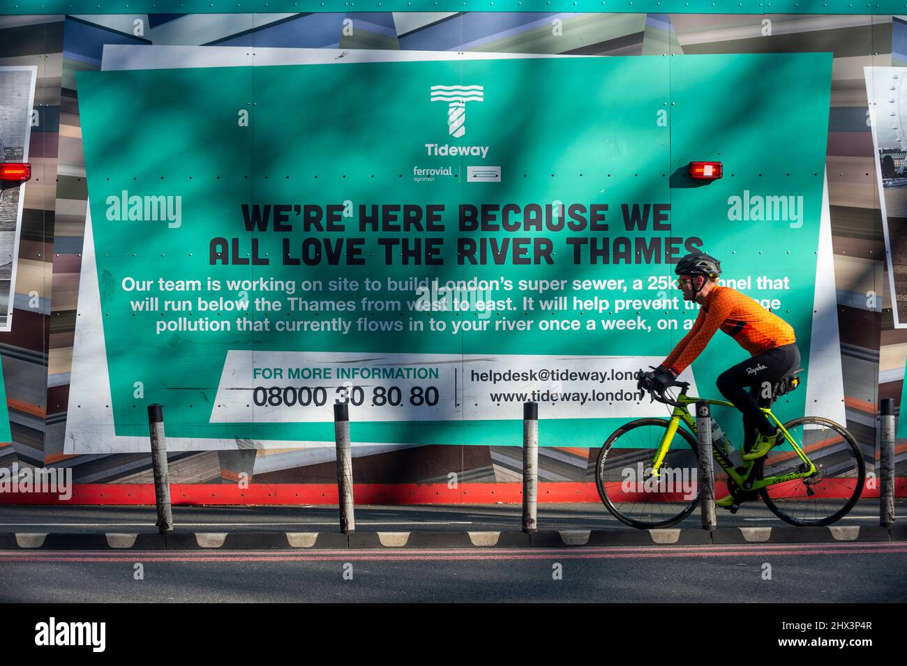 London, UK. 9 March 2022. A cyclist passes between the two 25m long ...