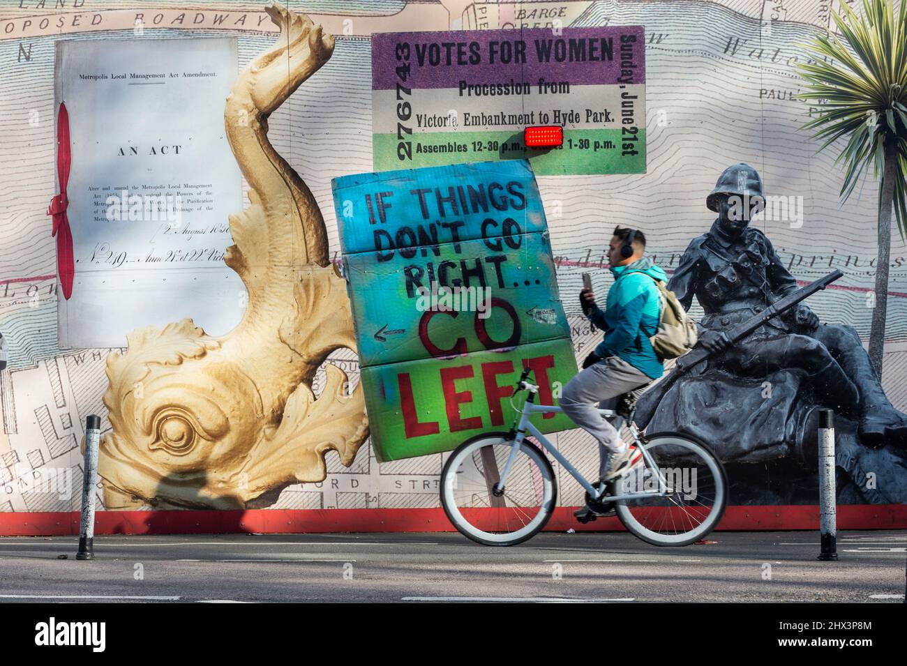 London, UK. 9 March 2022. A cyclist passes one of the two 25m long ...