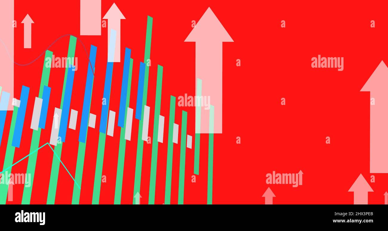 Image of data processing and arrows on red background Stock Photo - Alamy