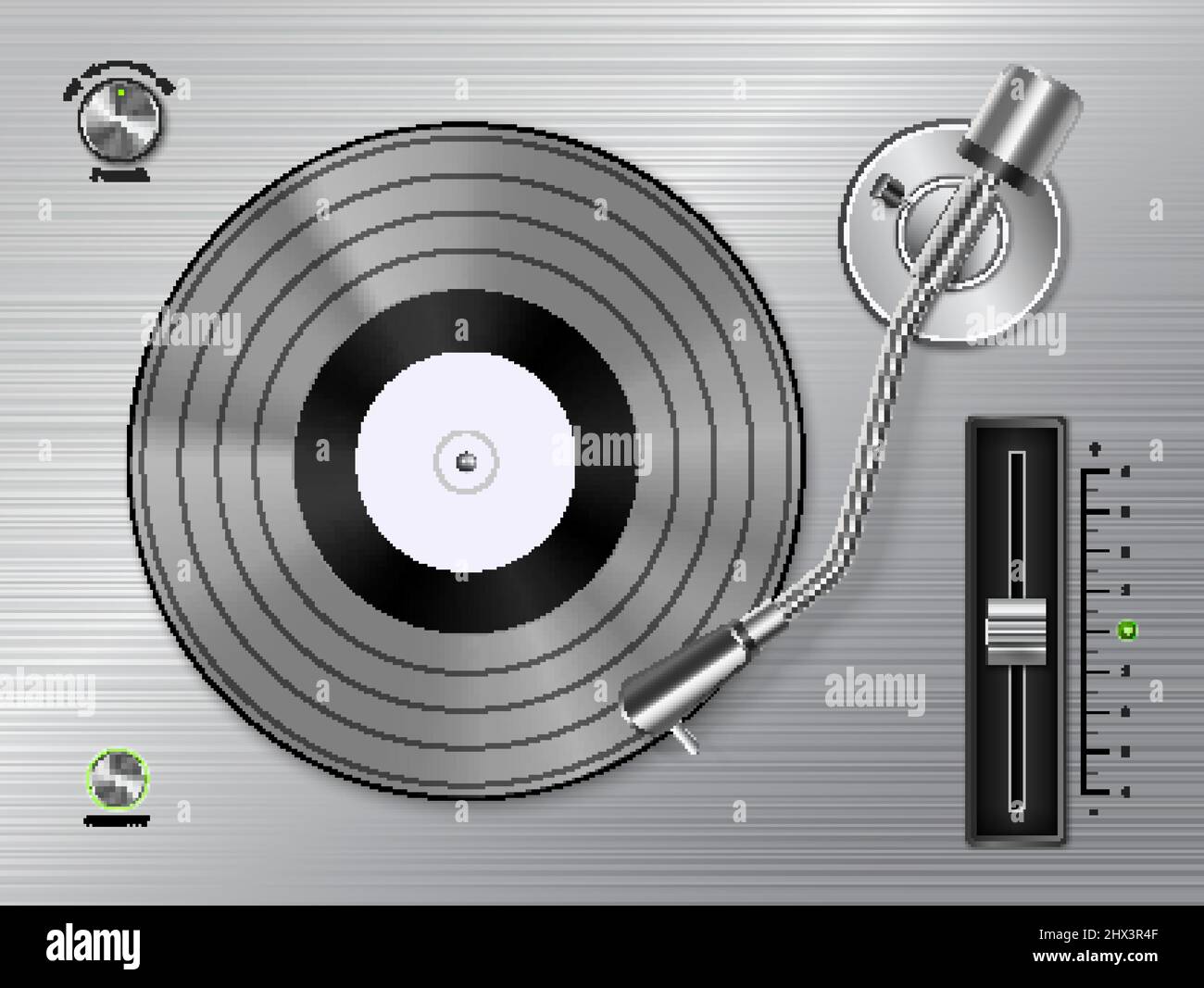Vinyl record disc playing on turntable player closeup top view ...