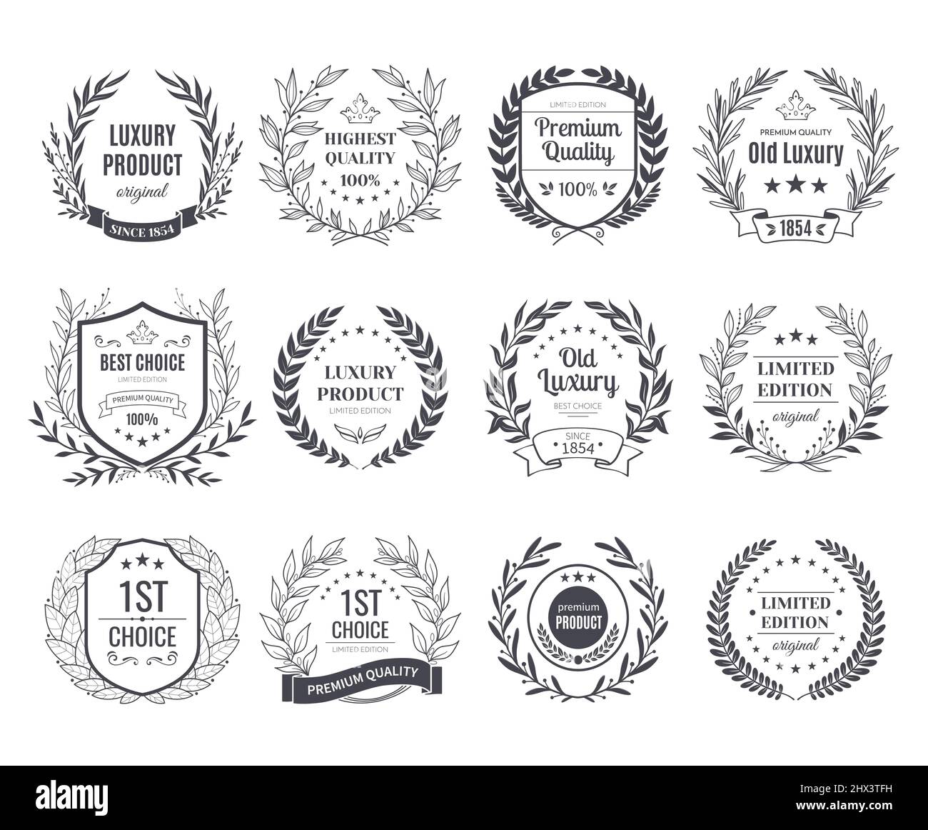 Awards emblems black white set with ribbons isolated vector ...