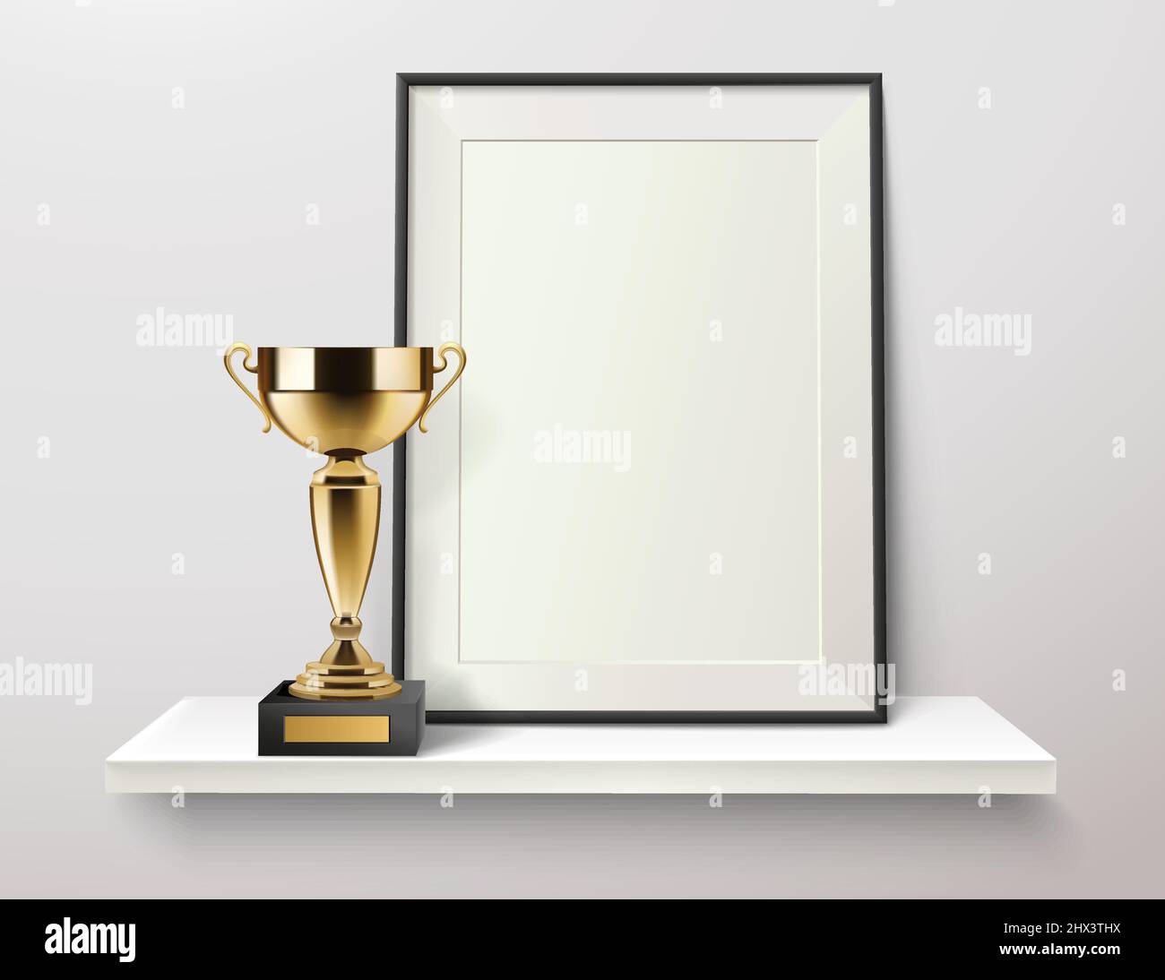 Trophy and frame realistic composition with golden cup and photo frame ...